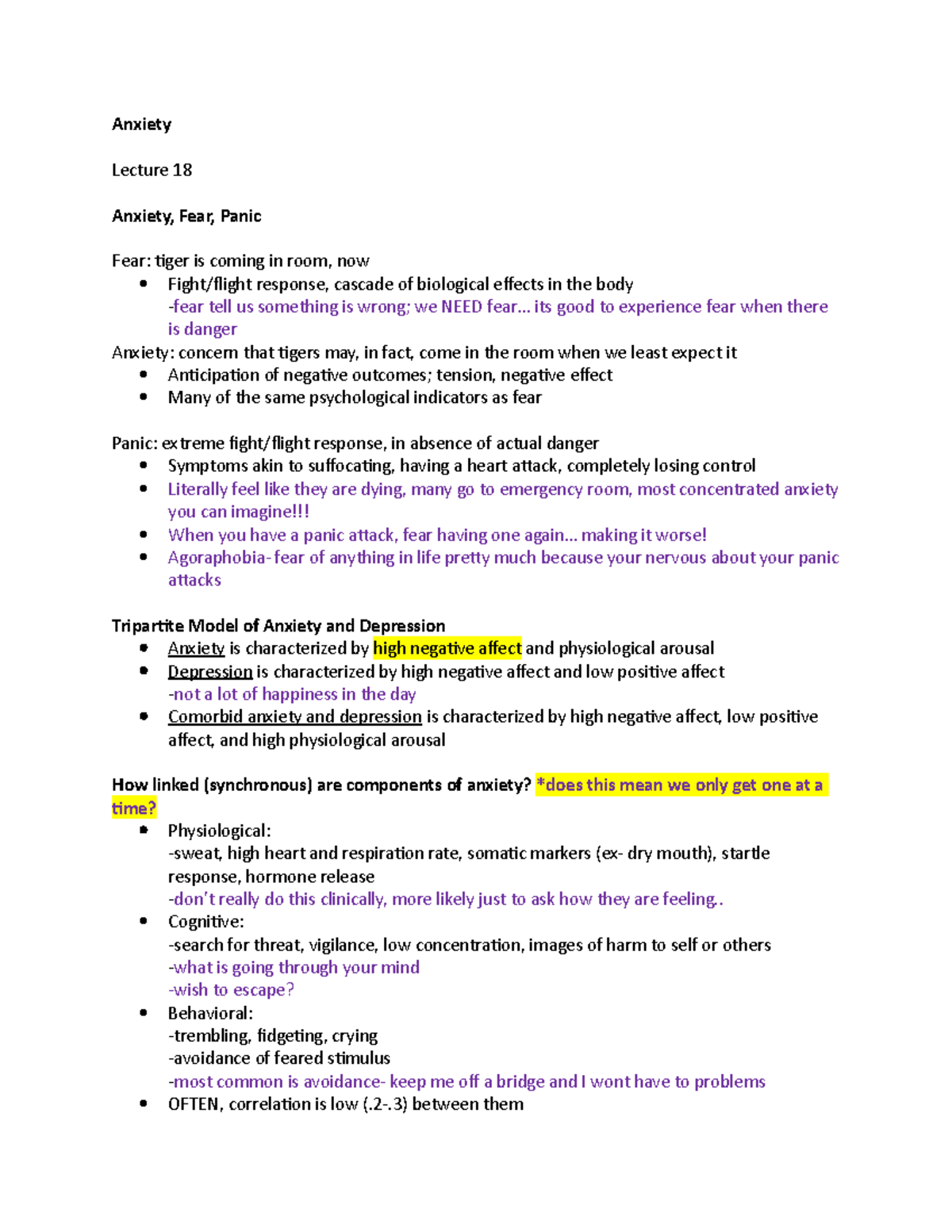 Lecture 18- notes - Anxiety Lecture 18 Anxiety, Fear, Panic Fear: tiger ...
