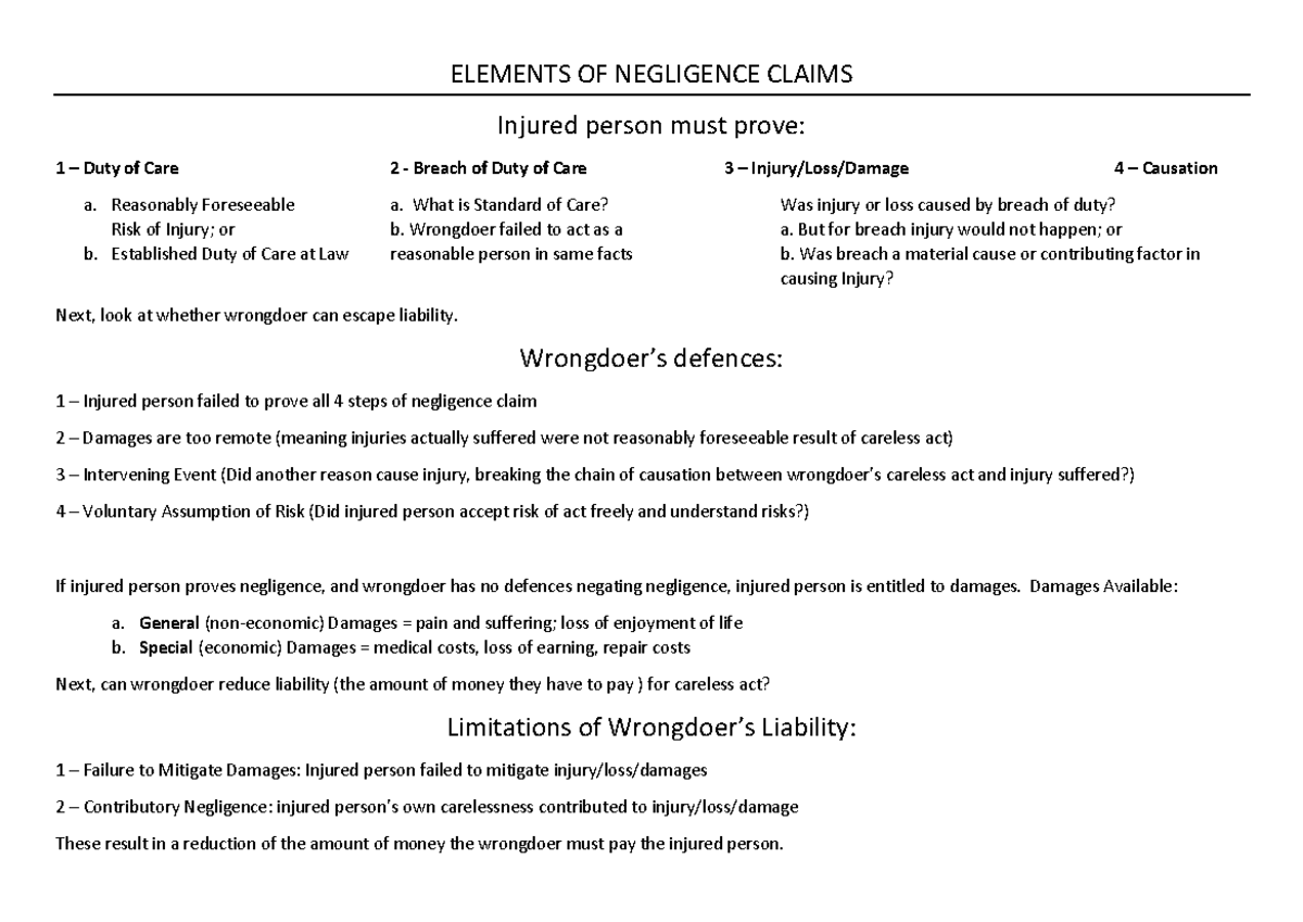 Elements OF Negligence Claims - ELEMENTS OF NEGLIGENCE CLAIMS Injured ...