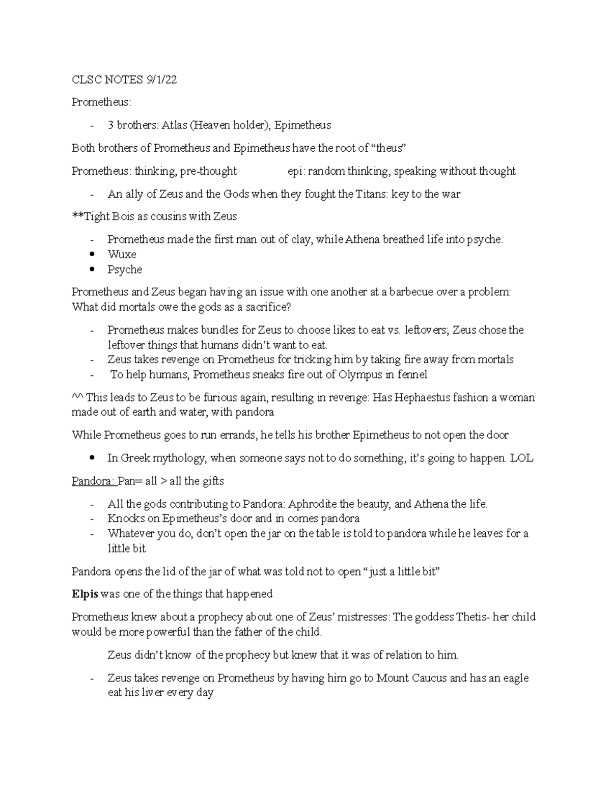 CLSC Notes sept 1 - CLSC NOTES 9/1/ Prometheus: - 3 brothers: Atlas ...