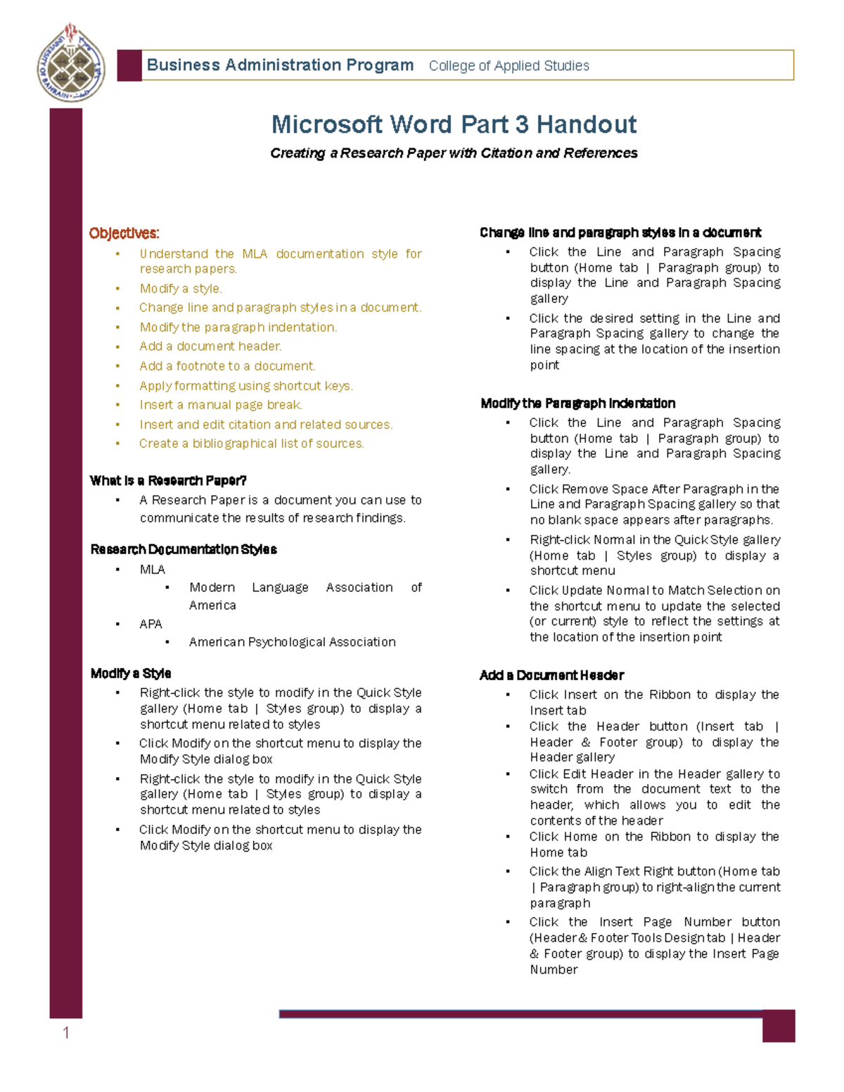 Instructor - BAA110 - MS WORD Handouts Part Three - Microsoft Word Part ...