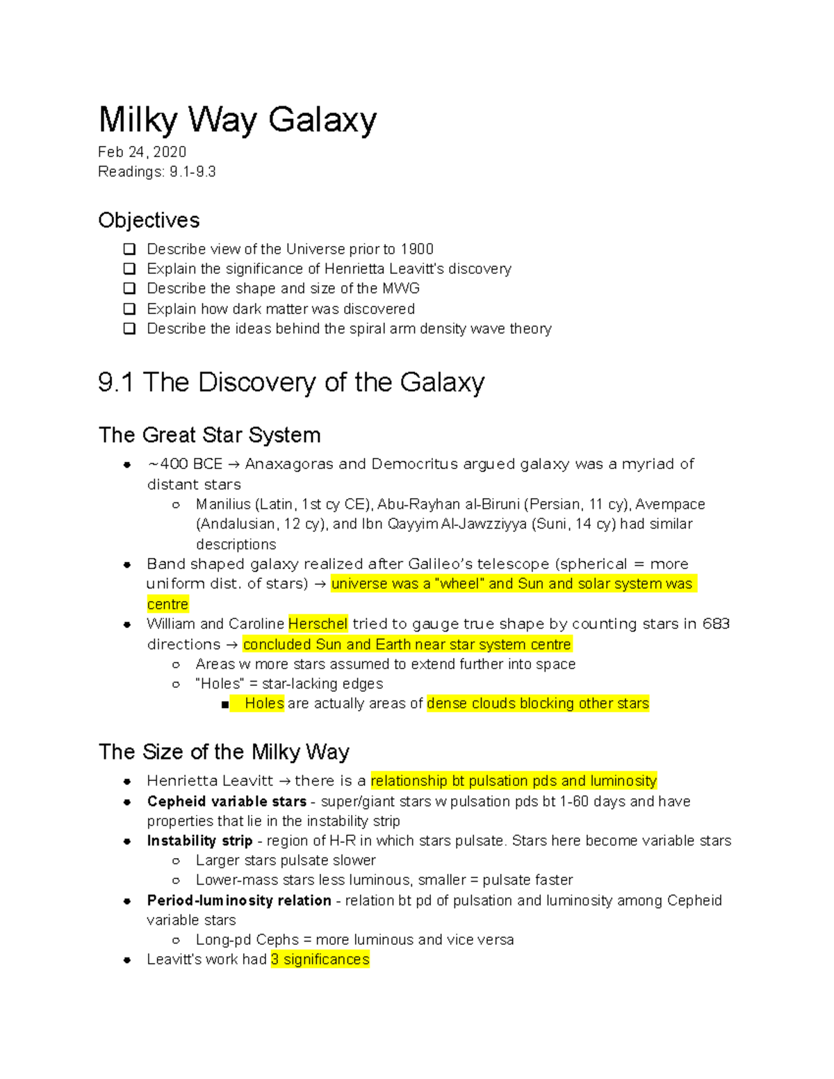 Lesson 7 - Milky Way Galaxy - Milky Way Galaxy Feb 24, 2020 Readings: 9 ...