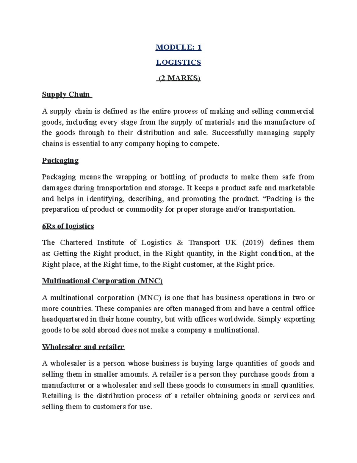 Module 3 - Supply chain management - MODULE: 1 LOGISTICS (2 MARKS ...