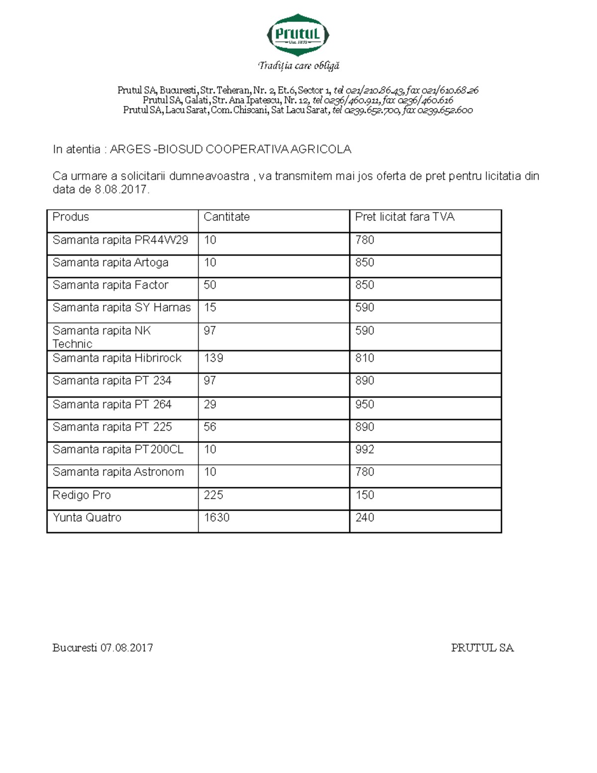 Arges Biosud 2017 oferta - Prutul SA, Bucuresti, Str. Teheran, Nr. 2 ...