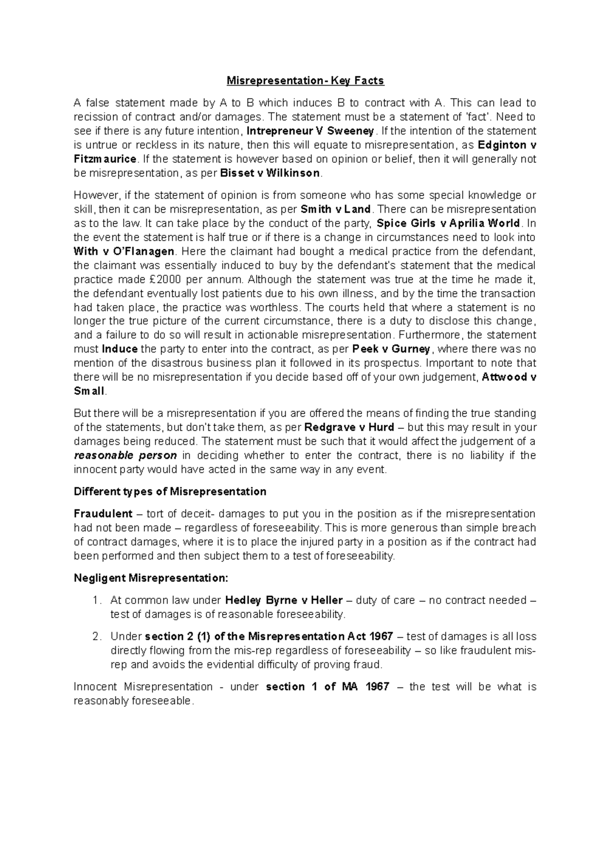Misrepresentation unit 6 Key cases and defintions, how to answer question - Misrepresentation ...