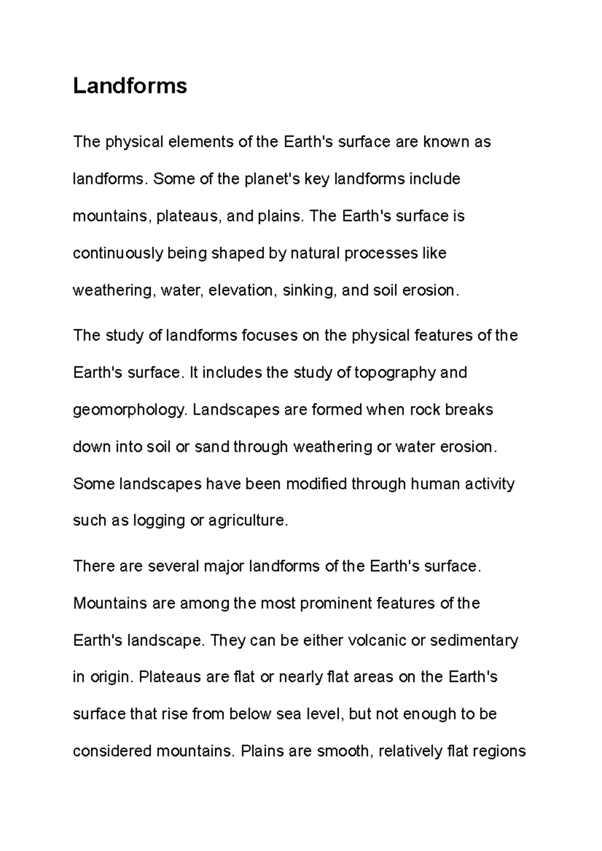 Landforms - Notes - Landforms The physical elements of the Earth's ...