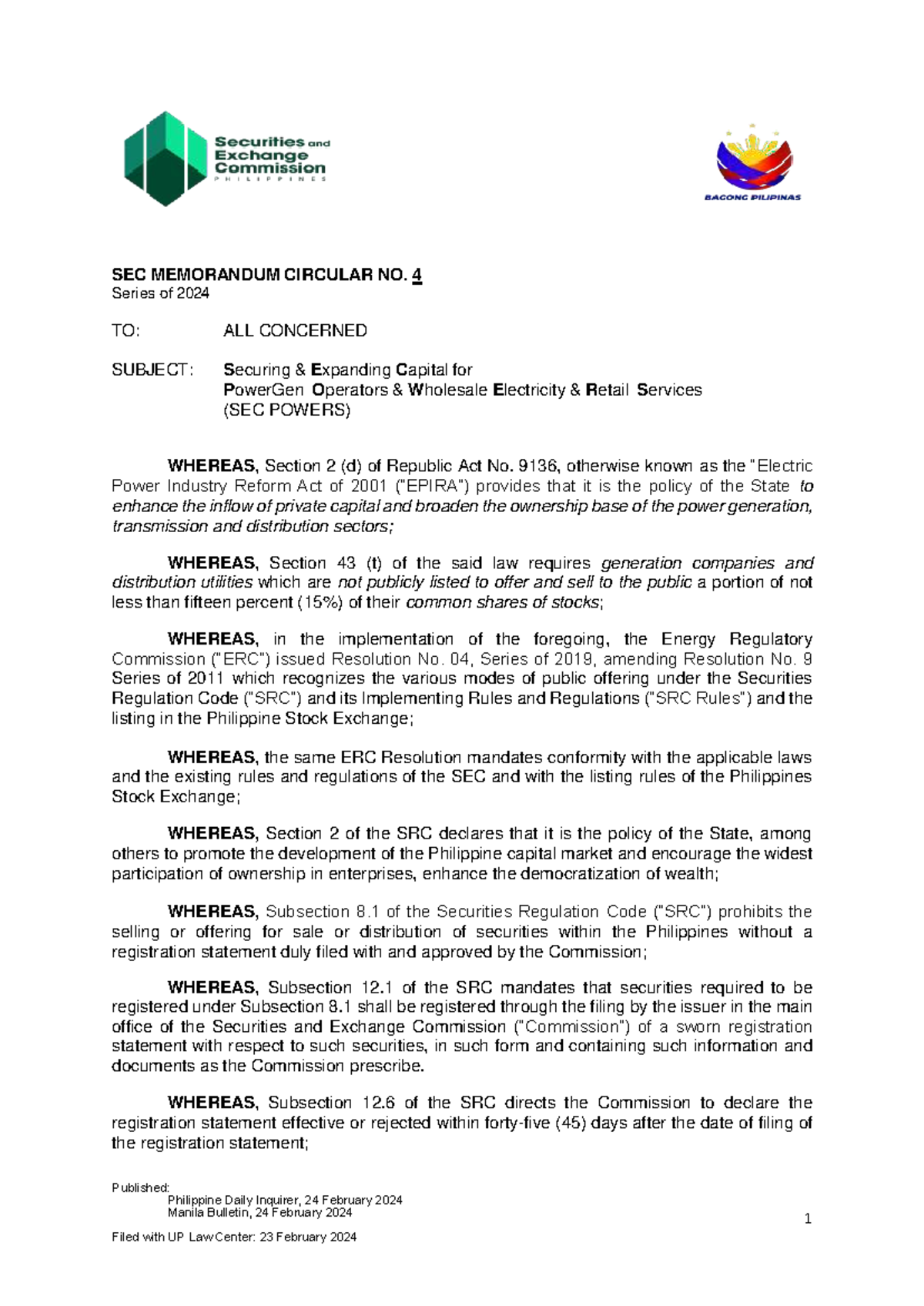 2024MC SEC-MC-No - SEC Memorandum - SEC MEMORANDUM CIRCULAR NO. 4 ...