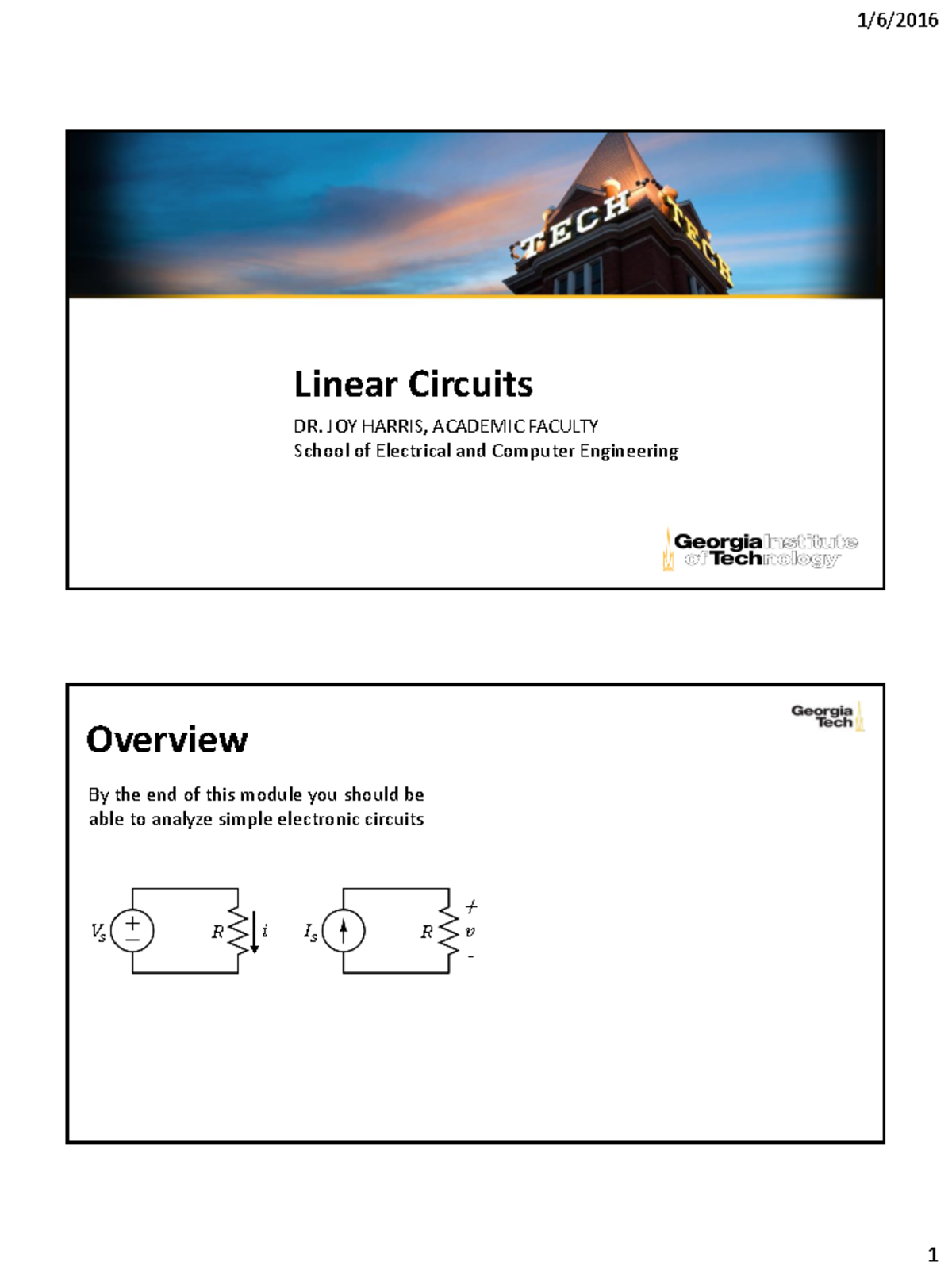 LC1 M1lesson 1 - LC1 M2lesson 11 - Linear Circuits DR. JOY HARRIS, ACADEMIC FACULTY School of ...