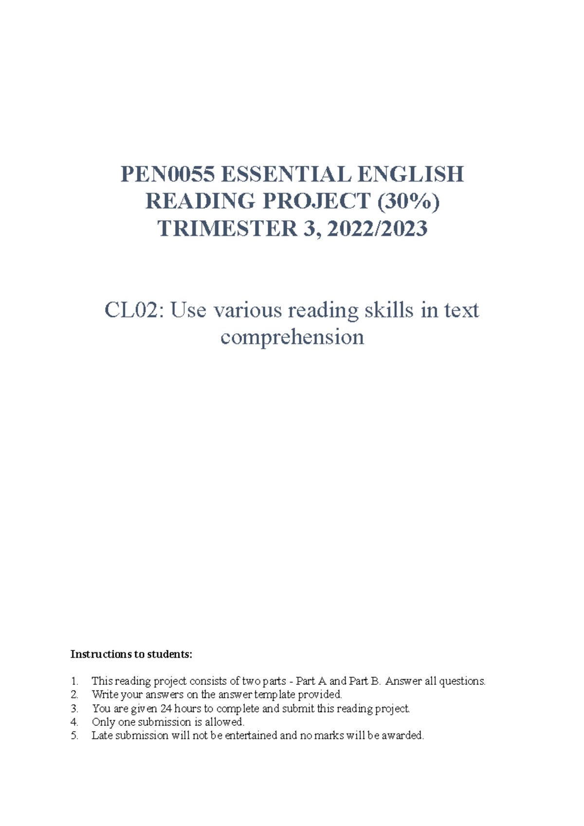 [Student's Copy] Reading Project Question - PEN0055 ESSENTIAL ENGLISH ...
