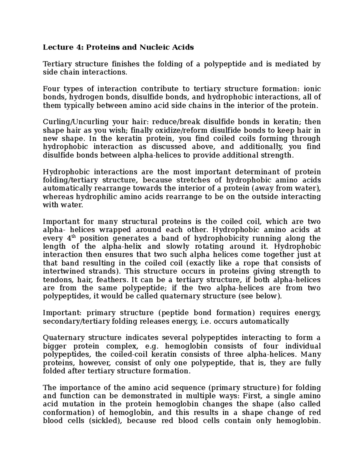 Lecture 4 Cell And Molecular Biology Lecture 4 Proteins And Nucleic Acids Tertiary