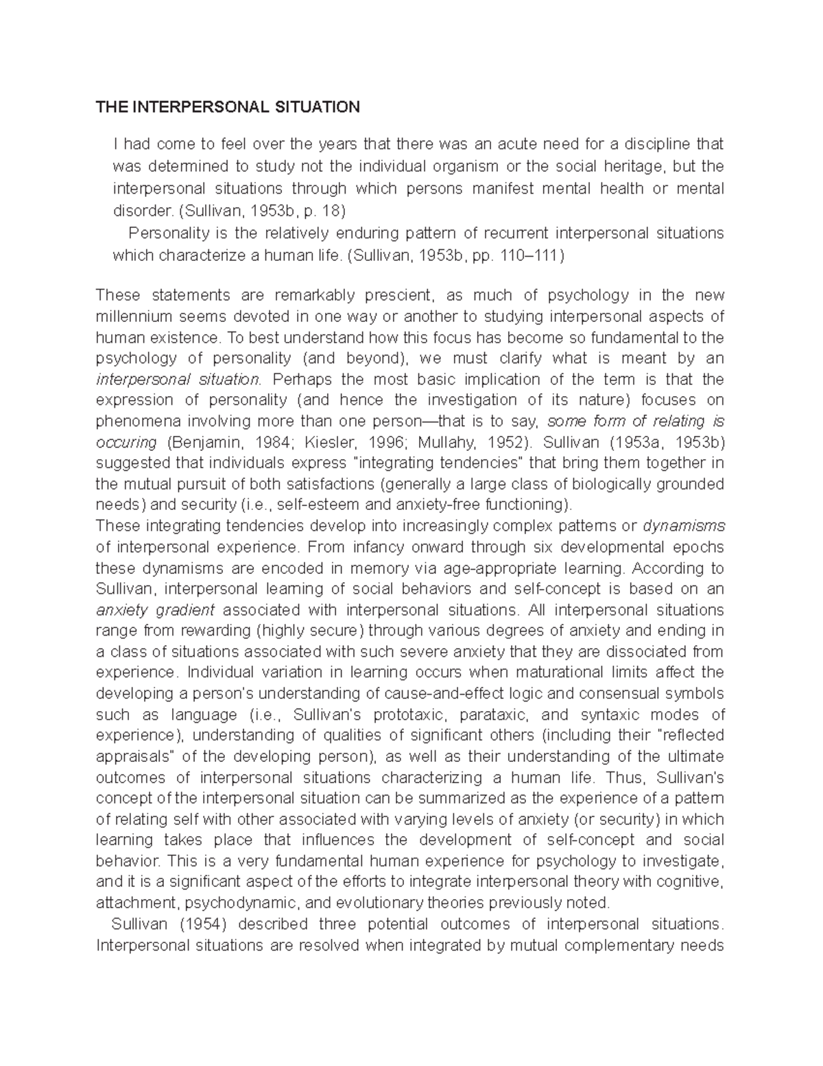 Interpersonal Theory of Personality - THE INTERPERSONAL SITUATION I had ...