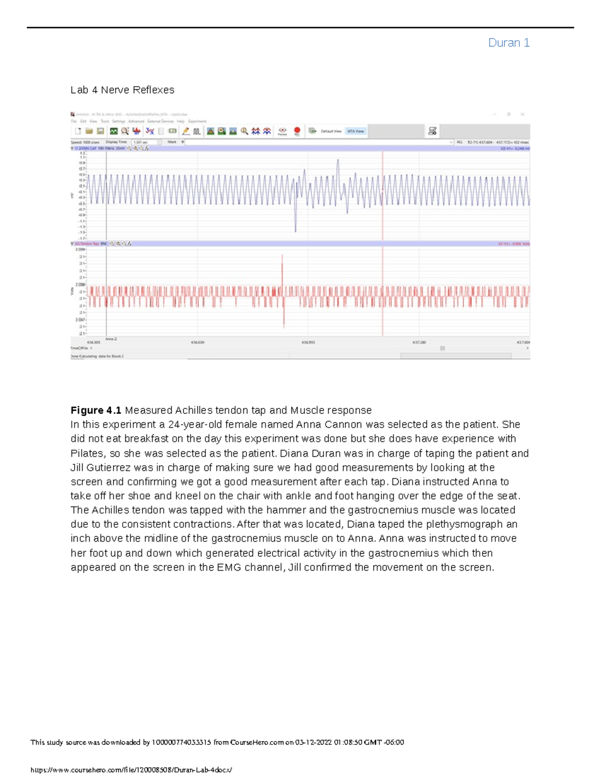 Duran Lab 4 - PhysioEx Lab Report - Duran 1 Lab 4 Nerve Reflexes Figure 4 Measured Achilles ...