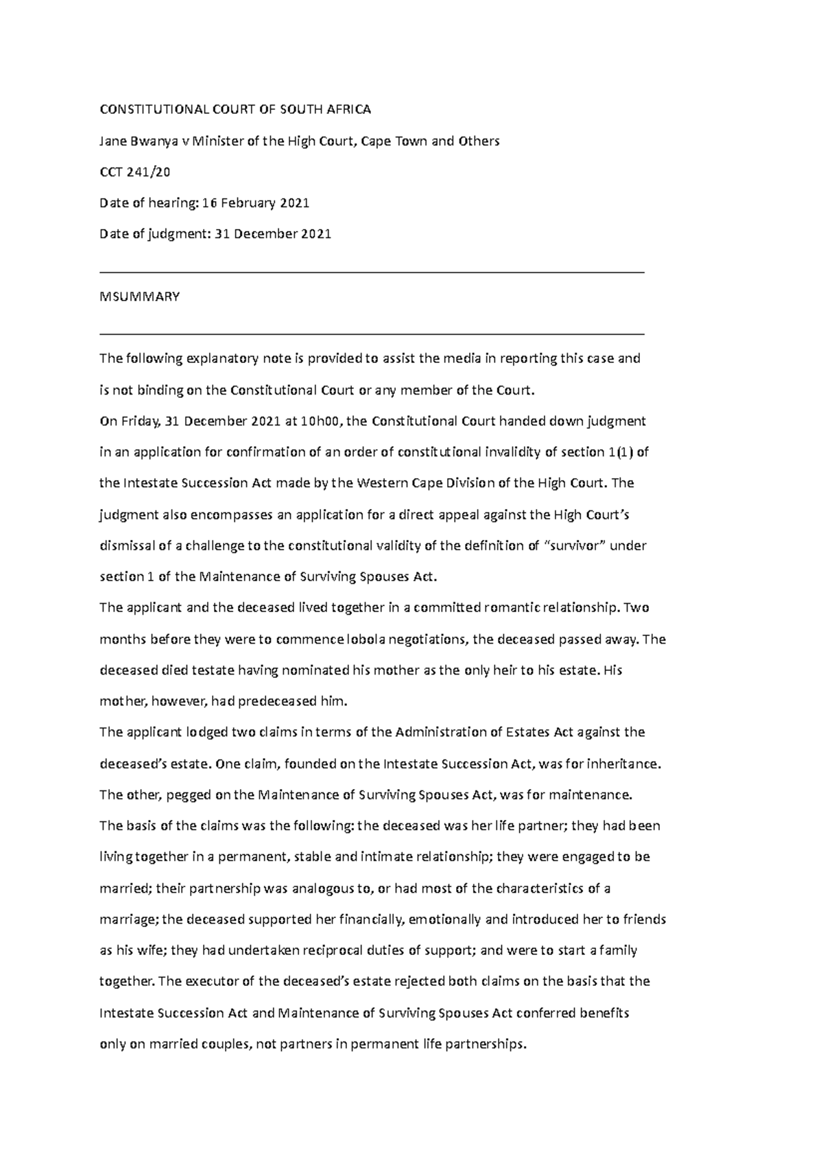 Bwanya case summary - CONSTITUTIONAL COURT OF SOUTH AFRICA Jane Bwanya ...