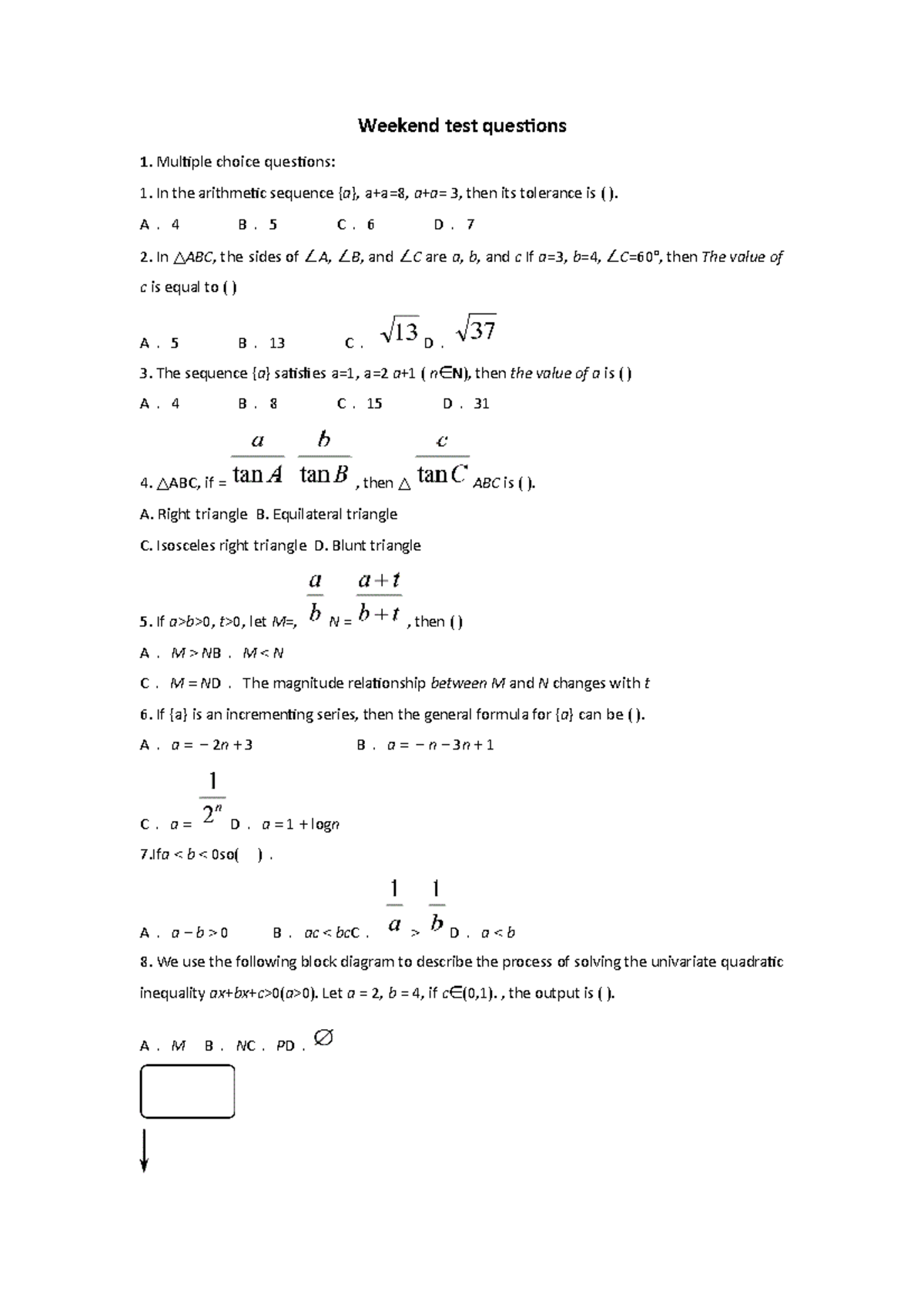 Weekend test questions - Weekend test questions Multiple choice ...