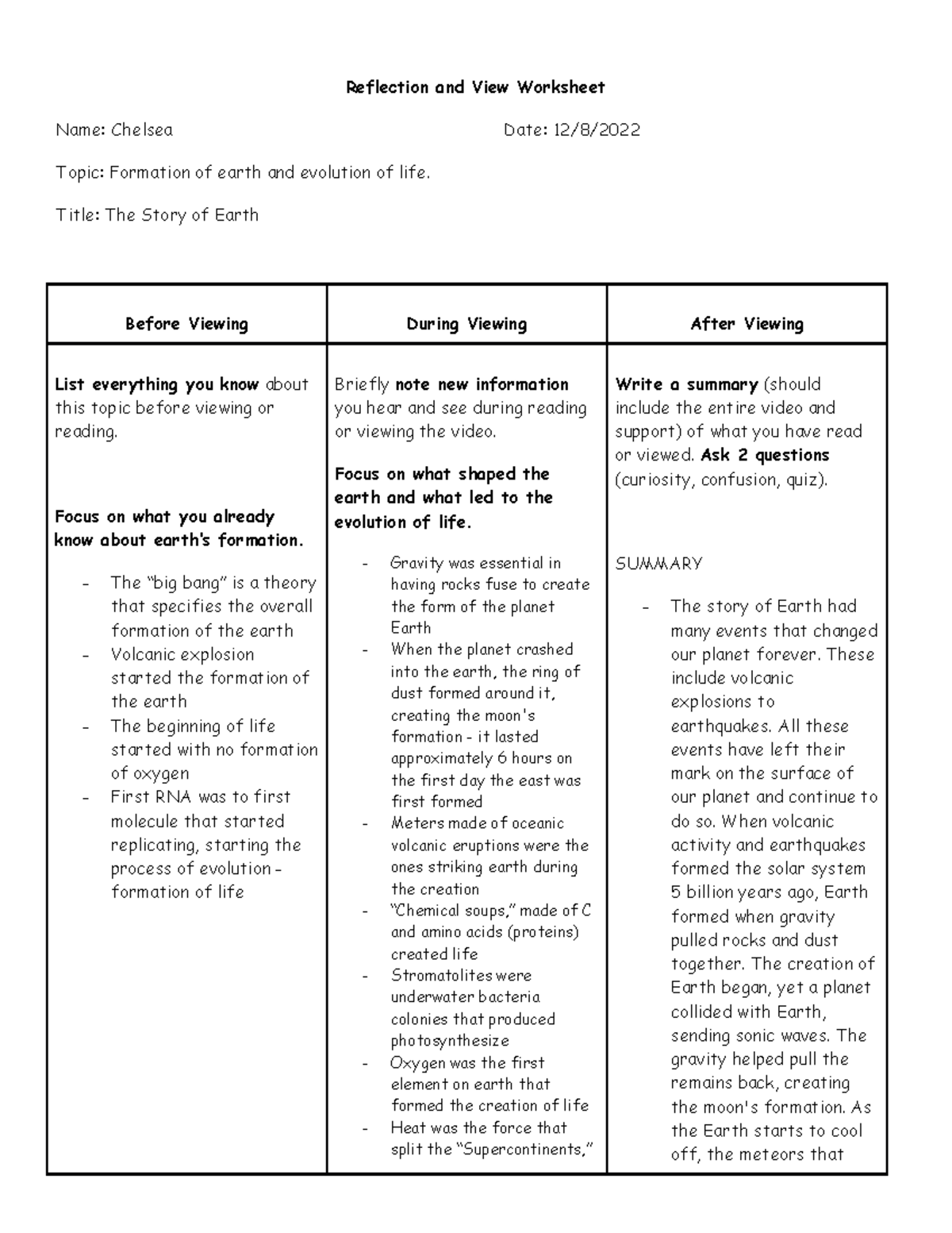 Chelsea Flores - Video Note Graphic Organizer The Story of Earth ...