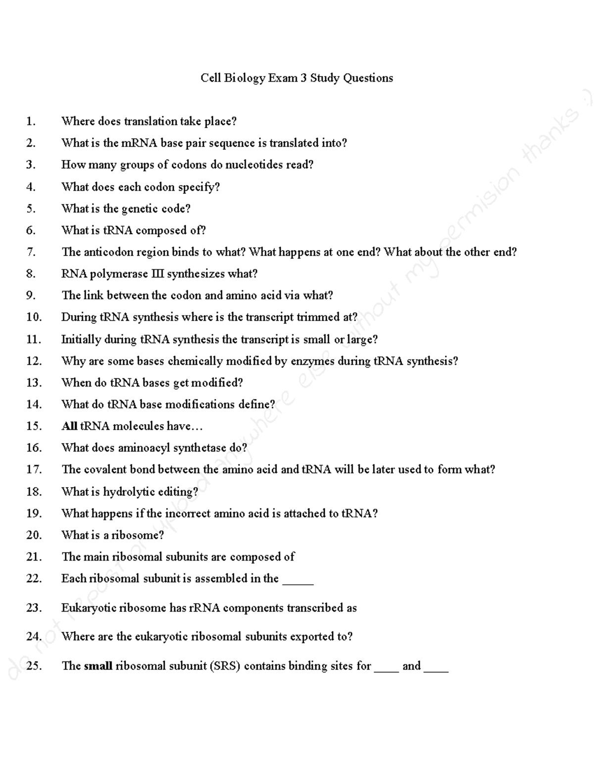 Cell Biology Exam 3 Study Questions - do not repost or upload anywhere ...