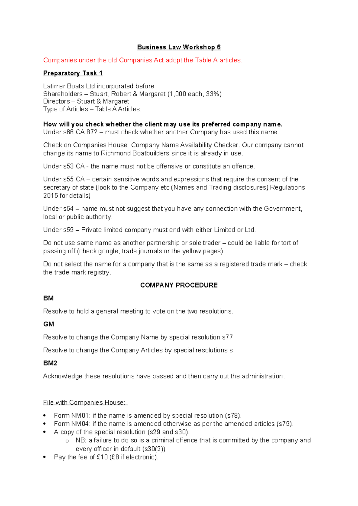 Business Law Workshop 6 - Preparatory Task 1 Latimer Boats Ltd ...