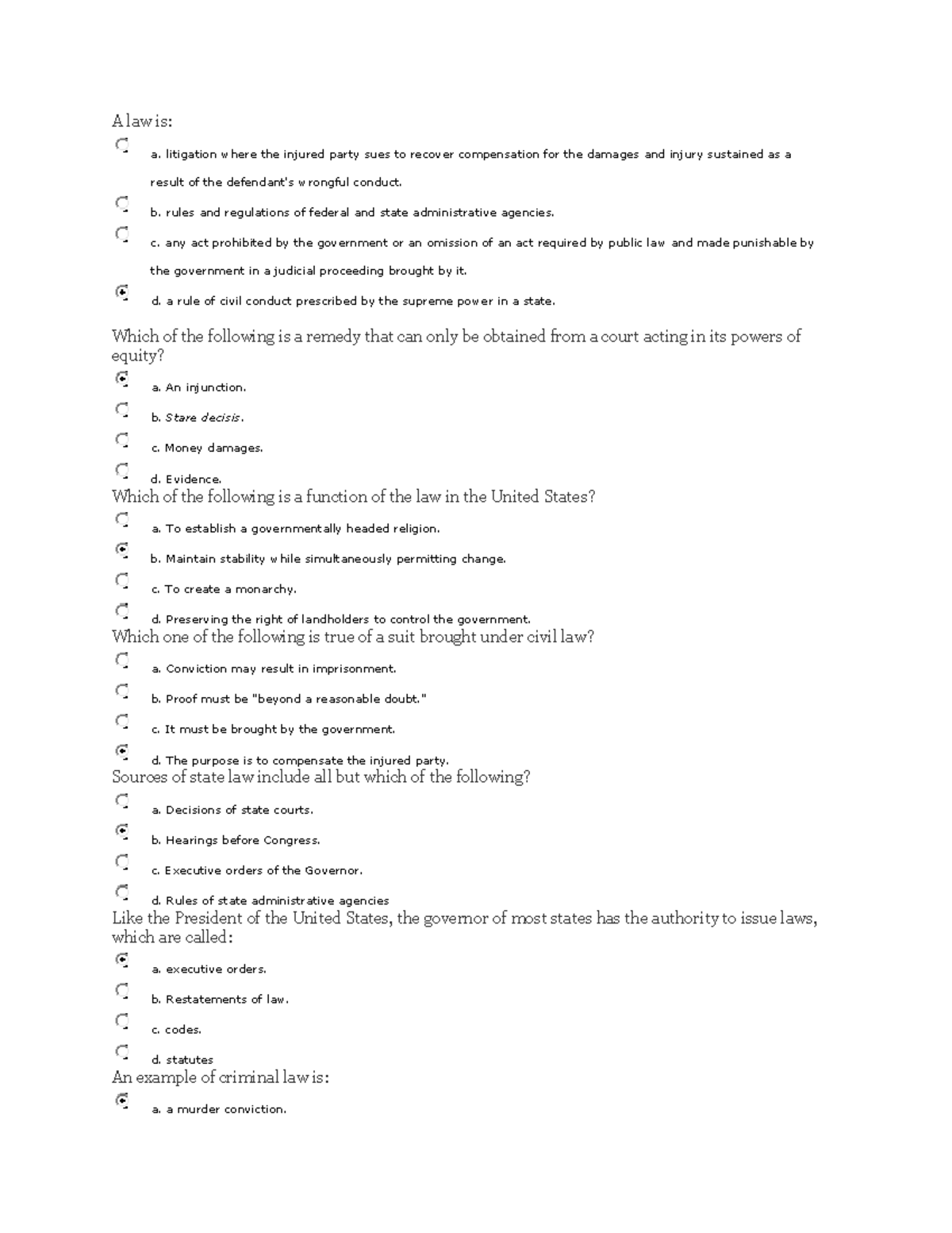 Chapter 1 Review quiz - A law is: a. litigation where the injured party ...