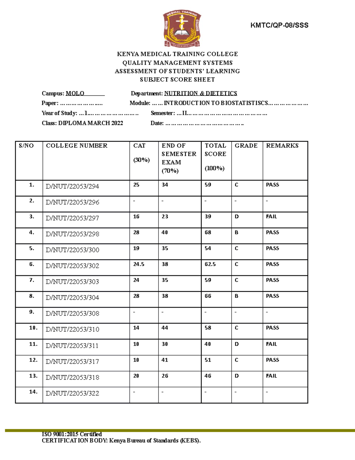 DIP March 2022- Introduction TO Biostatistics - KMTC/QP-08/SSS KENYA ...