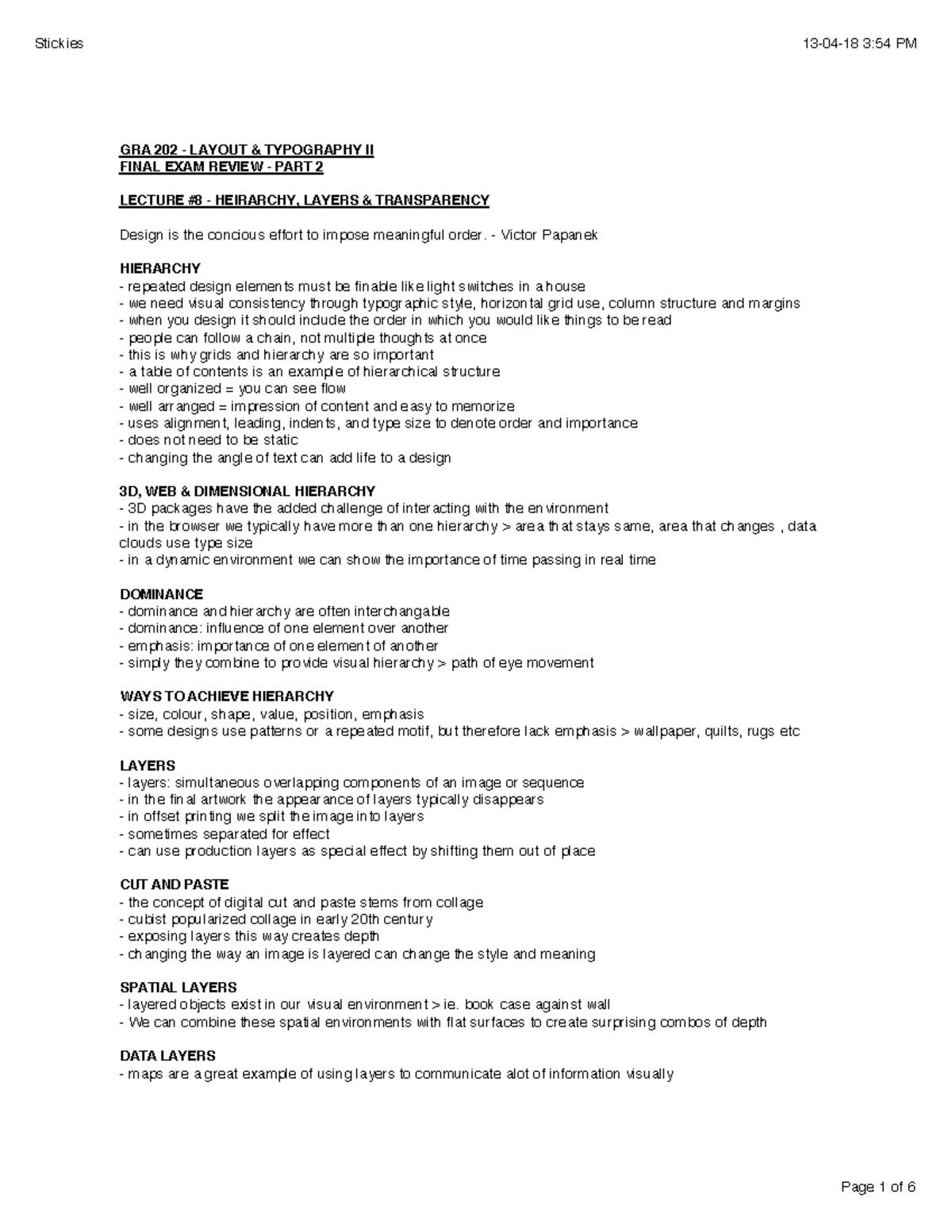 Gra 202 Part 2 Review - Stickies 3:54 PM GRA 202 LAYOUT TYPOGRAPHY II ...