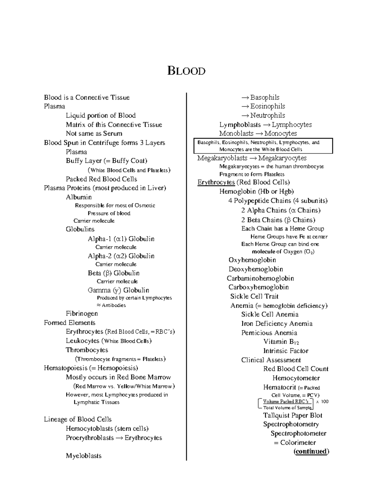 Study Outline Blood - Summary Anatomy And Physiology II - BLOOD Blood ...