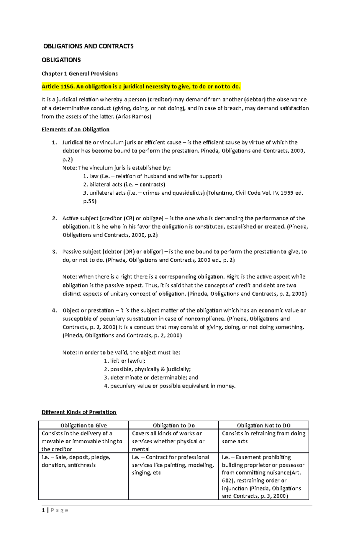 Module 1 LAW 1 - Law - OBLIGATIONS AND CONTRACTS OBLIGATIONS Chapter 1 ...