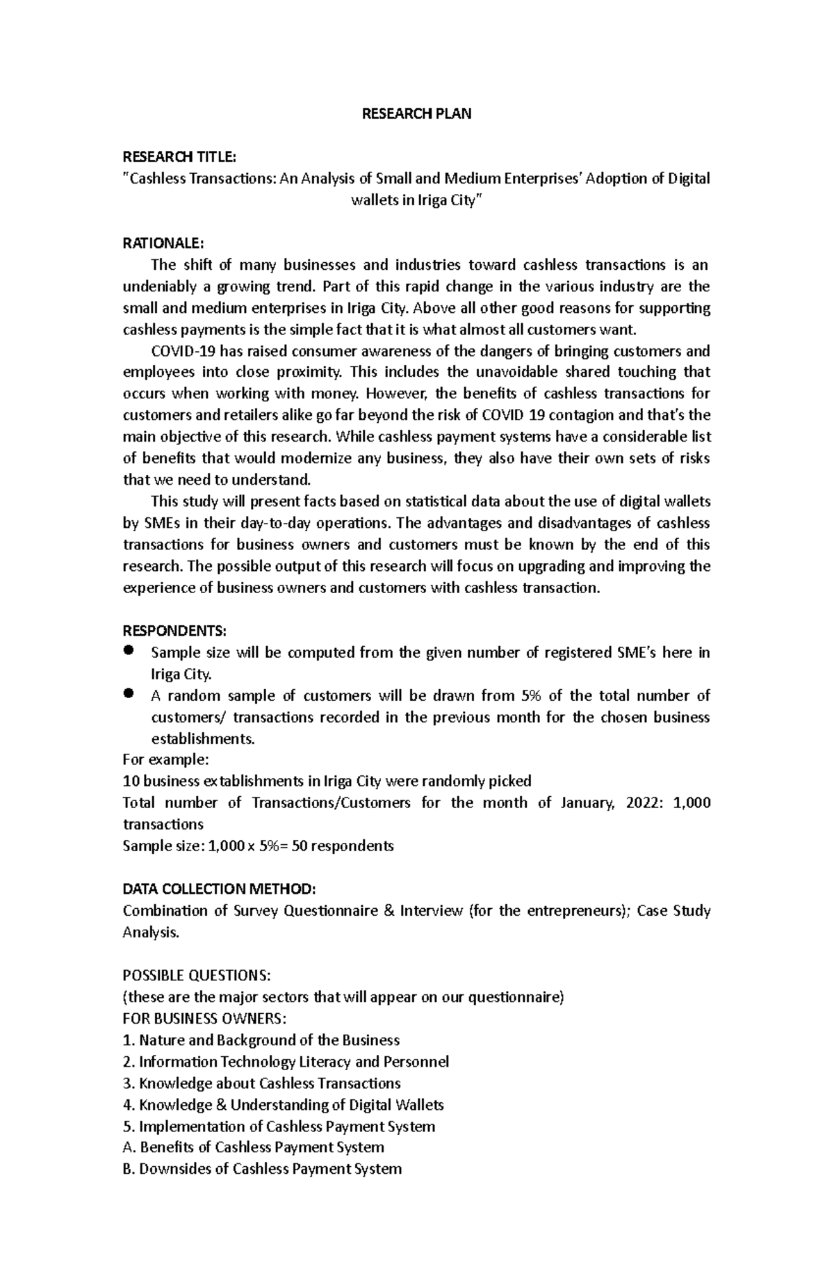 Computer- Research PLAN - RESEARCH PLAN RESEARCH TITLE: "Cashless ...
