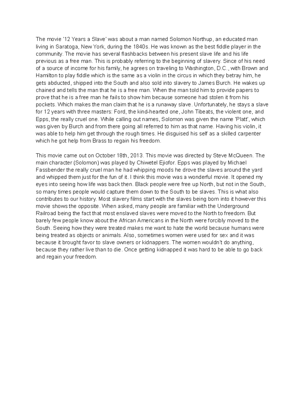 Reflections on the Movie ‘12 Years a Slave’ - The movie ‘12 Years a ...