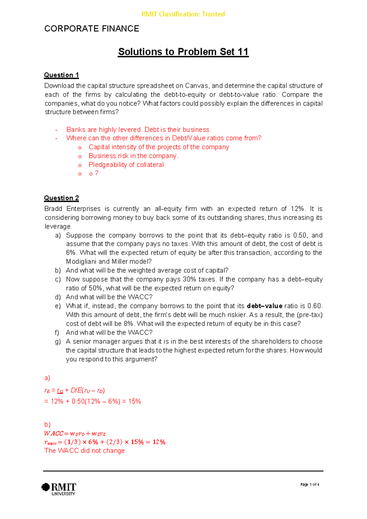 Tutorial Week 11 - Solutions - CORPORATE FINANCE Solutions to Problem Set 11 Question 1 Download ...