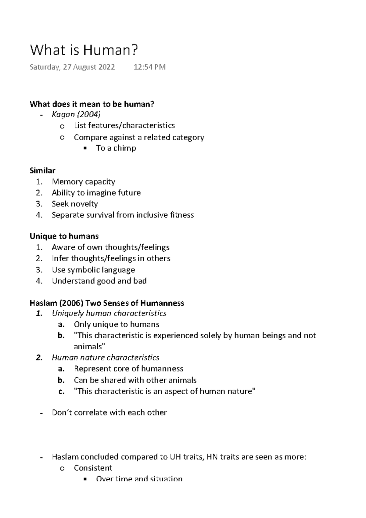 What is Human - What does it mean to be human? Kagan (2004) ï List ...