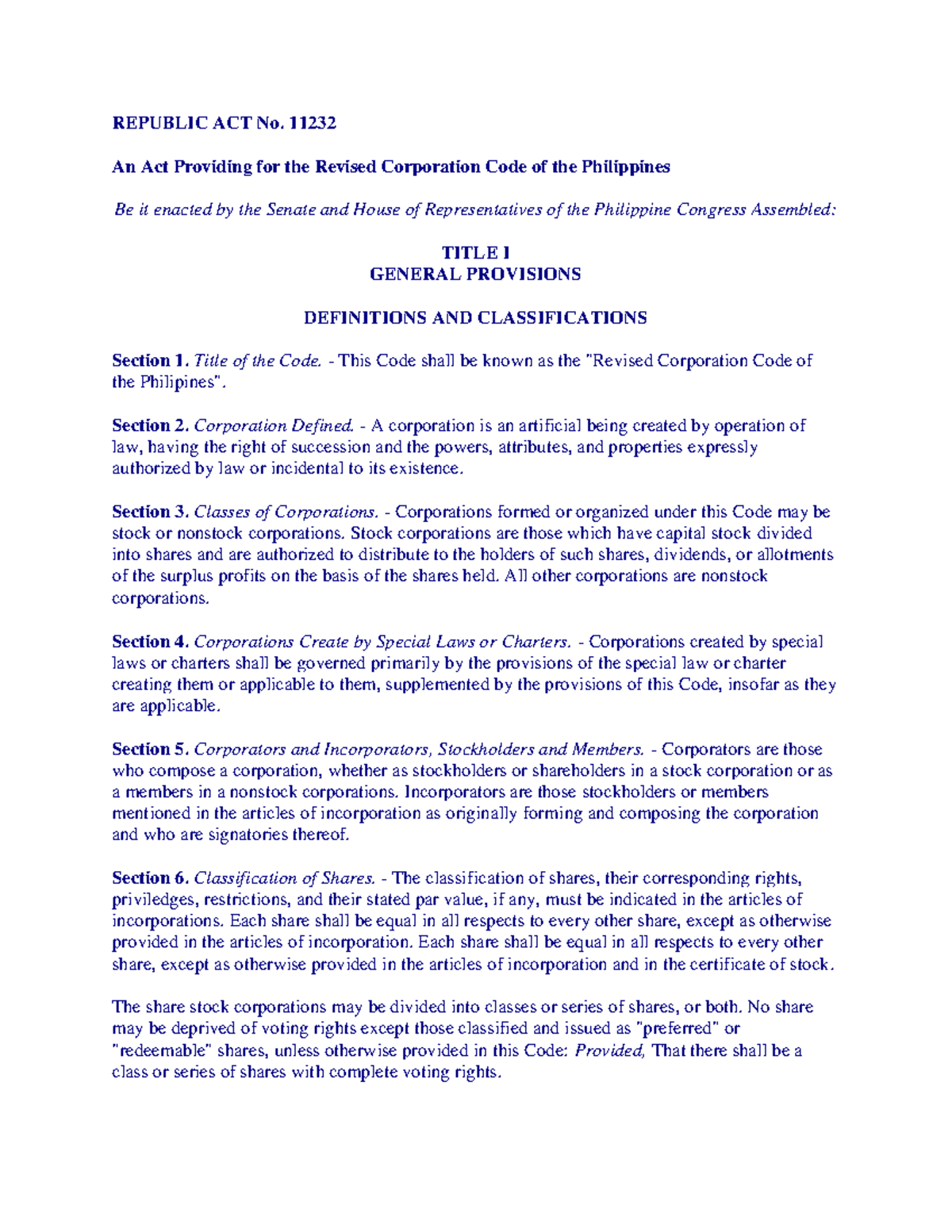 Revised Corporation Code - REPUBLIC ACT No. 11232 An Act Providing for ...
