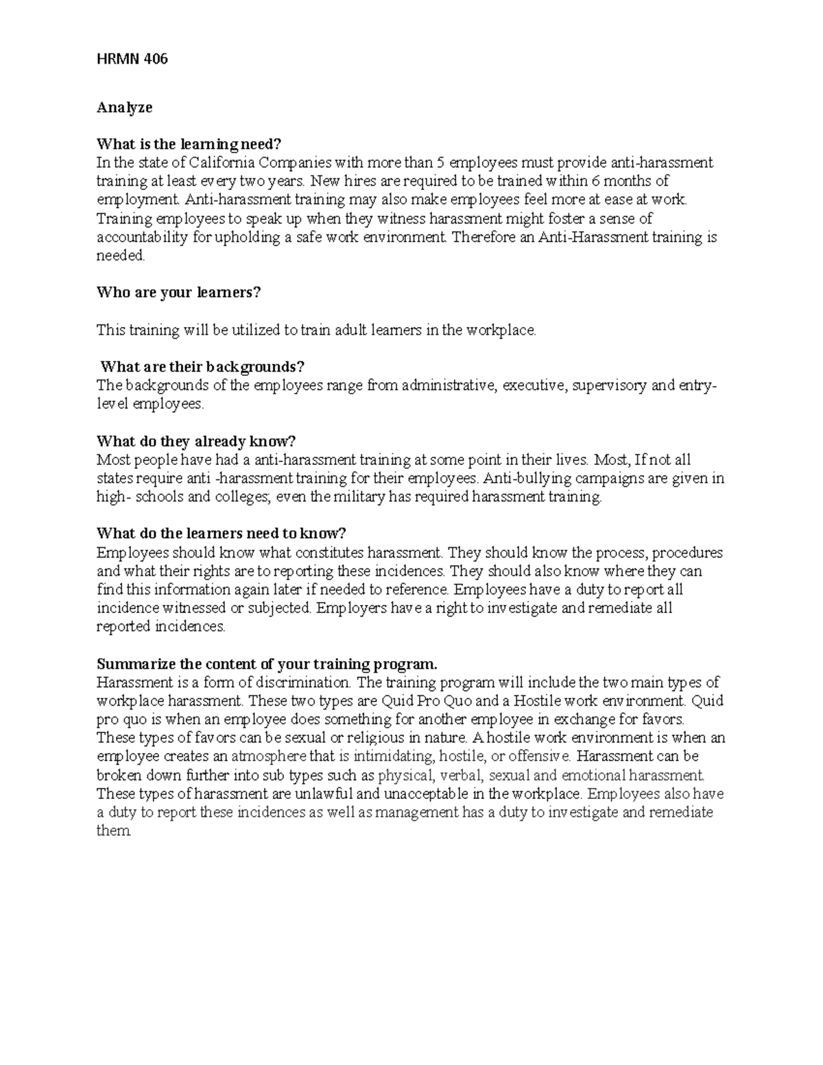 Hrmn 406 assignment 2 Addie model - Analyze What is the learning need ...