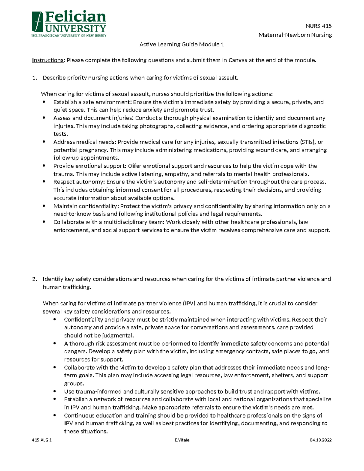 Active Learning Guide - Module 1 - NURS 415 Maternal-Newborn Nursing Active Learning Guide ...