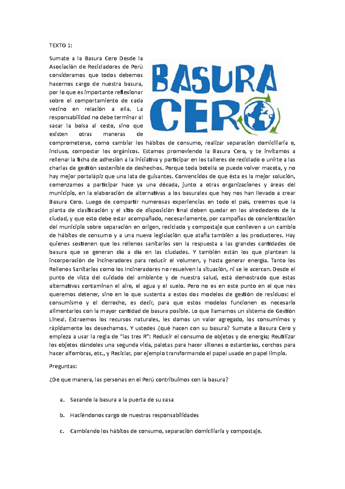 Comprension lectora - TEXTO 1: Sumate a la Basura Cero Desde la ...