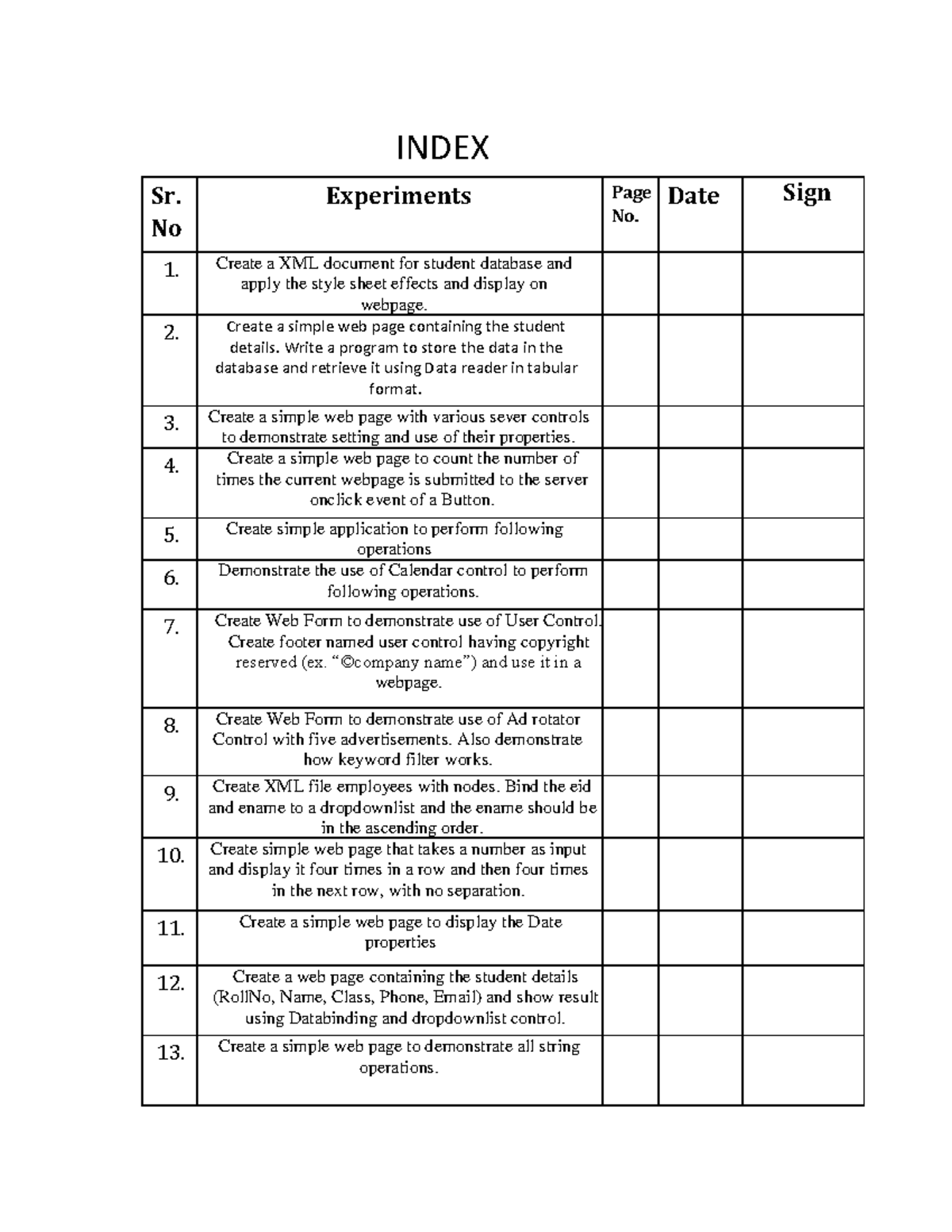 AWP Slips - INDEX Sr. No Experiments Page No. Date Sign 1. Create a XML document for student ...