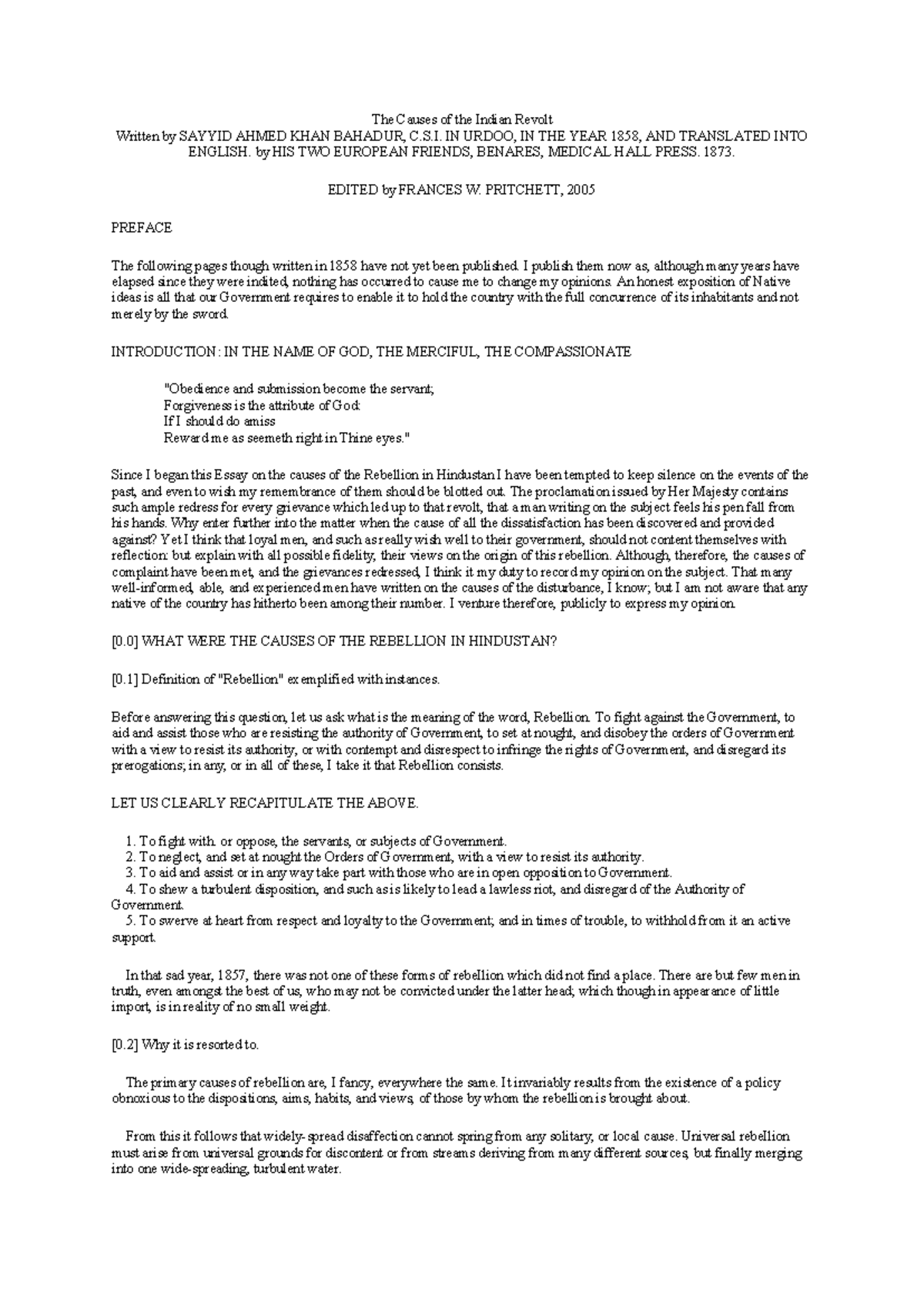 1857 Primary document - The Causes of the Indian Revolt Written by ...