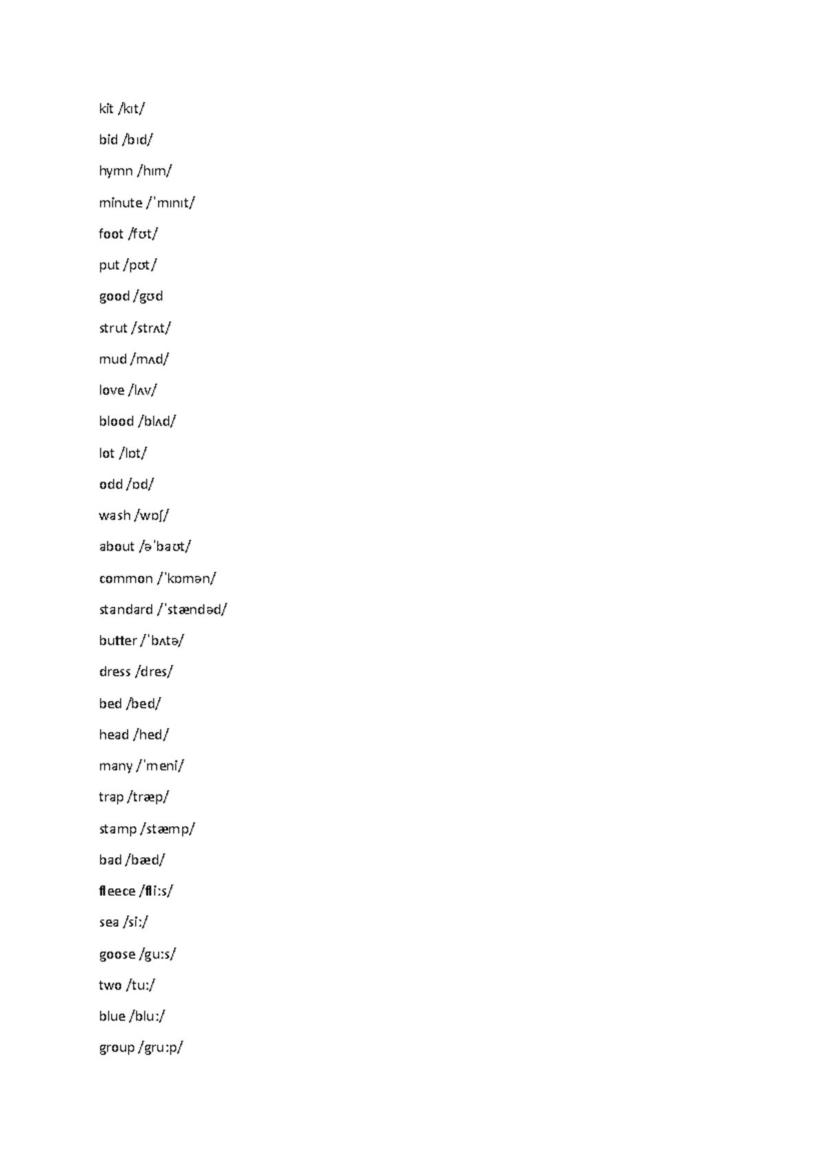 Phonetics list of words - kit /k t/ɪ bid /b d/ɪ hymn /h m/ɪ minute / m ...