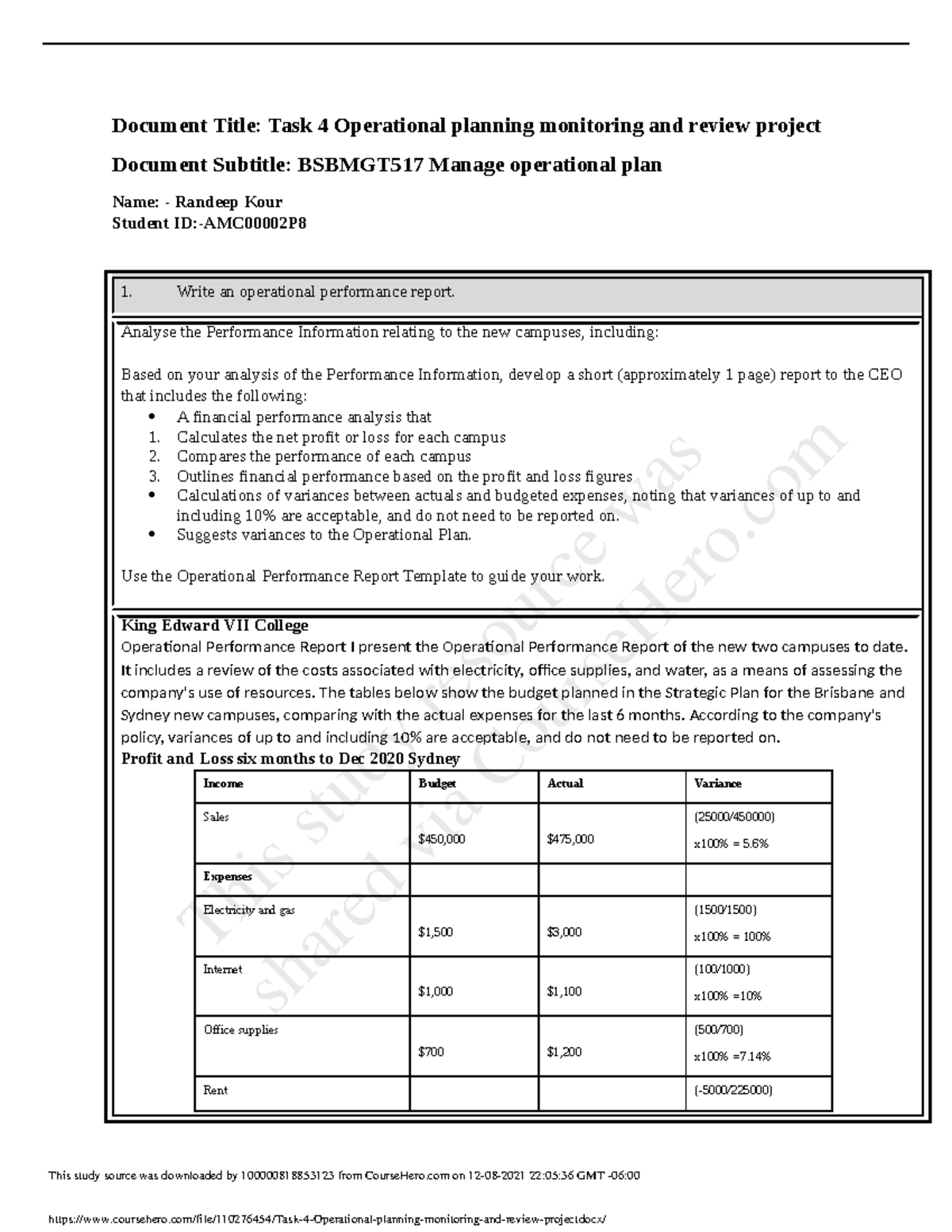 Task 4 Operational planning monitoring and review project - Matemáticas ...