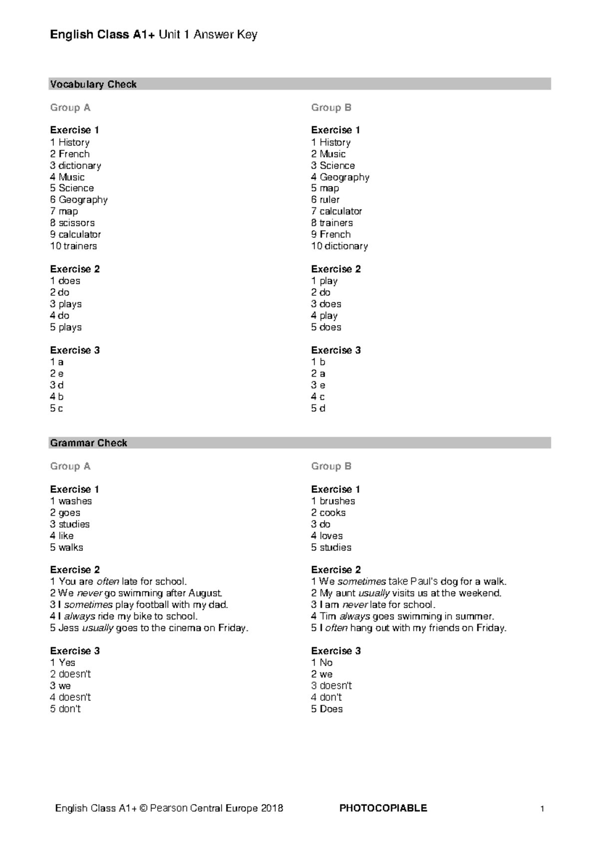 EC A1P - Answer Key Unit 1 - English Class A1+ Unit 1 Answer Key English Class A1+ © Pearson ...
