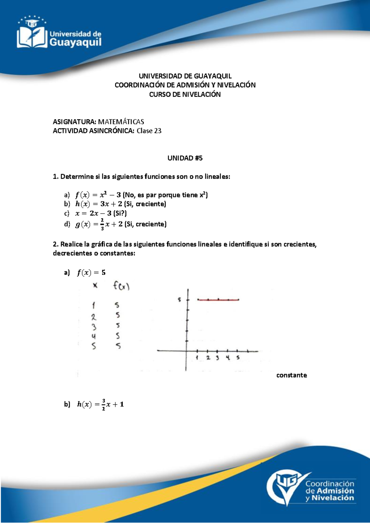 Tarea - U5 - Clase 23 - S7 - UNIVERSIDAD DE GUAYAQUIL COORDINACI”N DE ADMISI”N Y NIVELACI”N ...