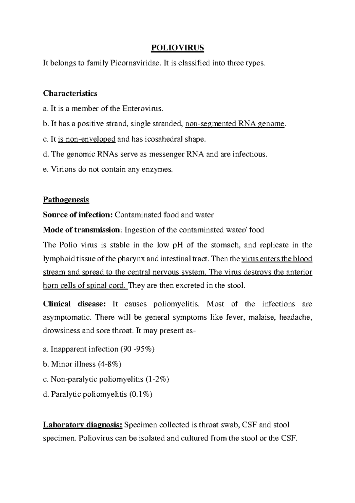 Poliovirus - Notes - POLIOVIRUS It belongs to family Picornaviridae. It ...
