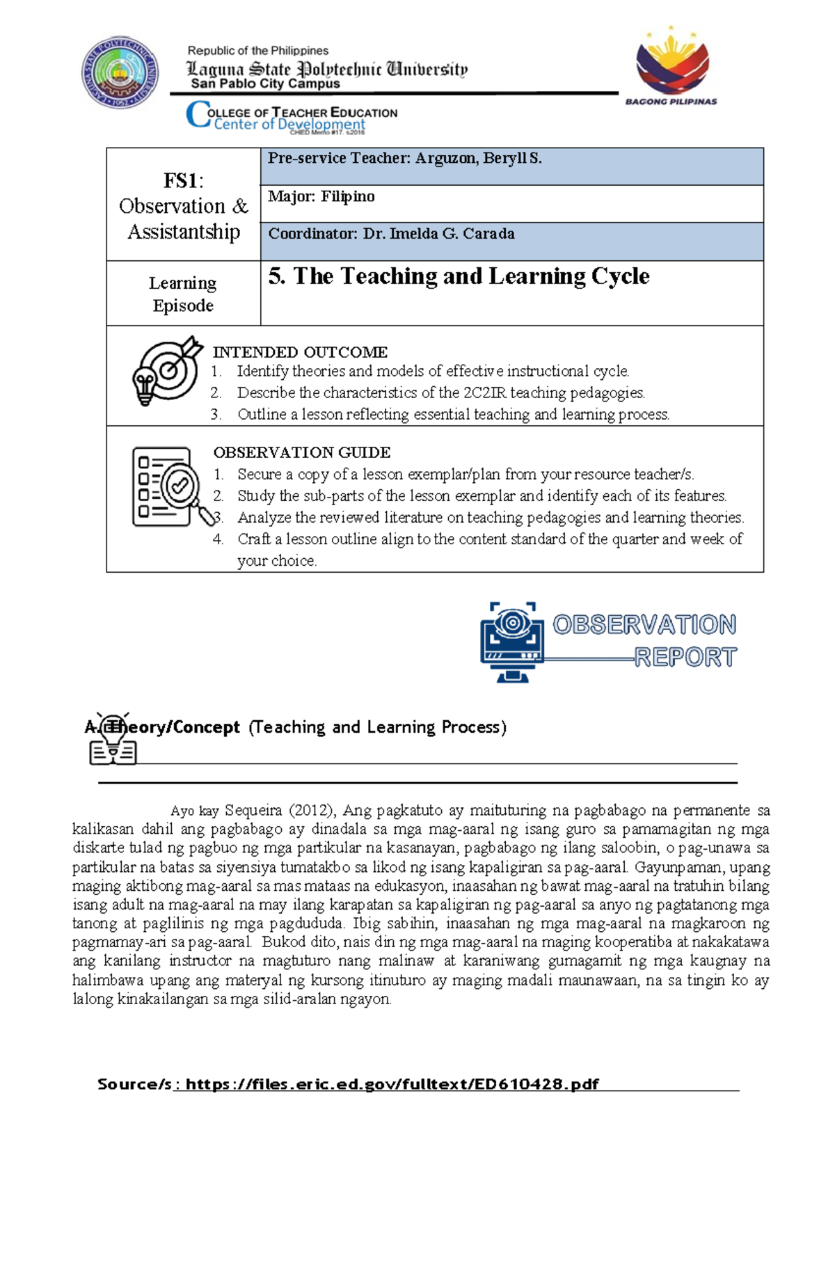 FS1 FS 2 Episode 5 The Teaching and Learning Cycle - FS1: Observation ...