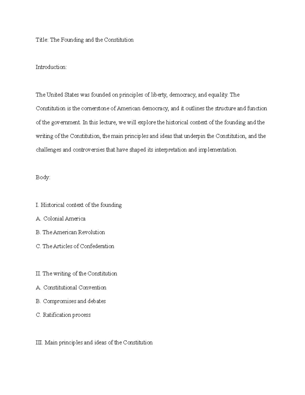 Lecture Notes The Founding and the Constitution - Title: The Founding ...
