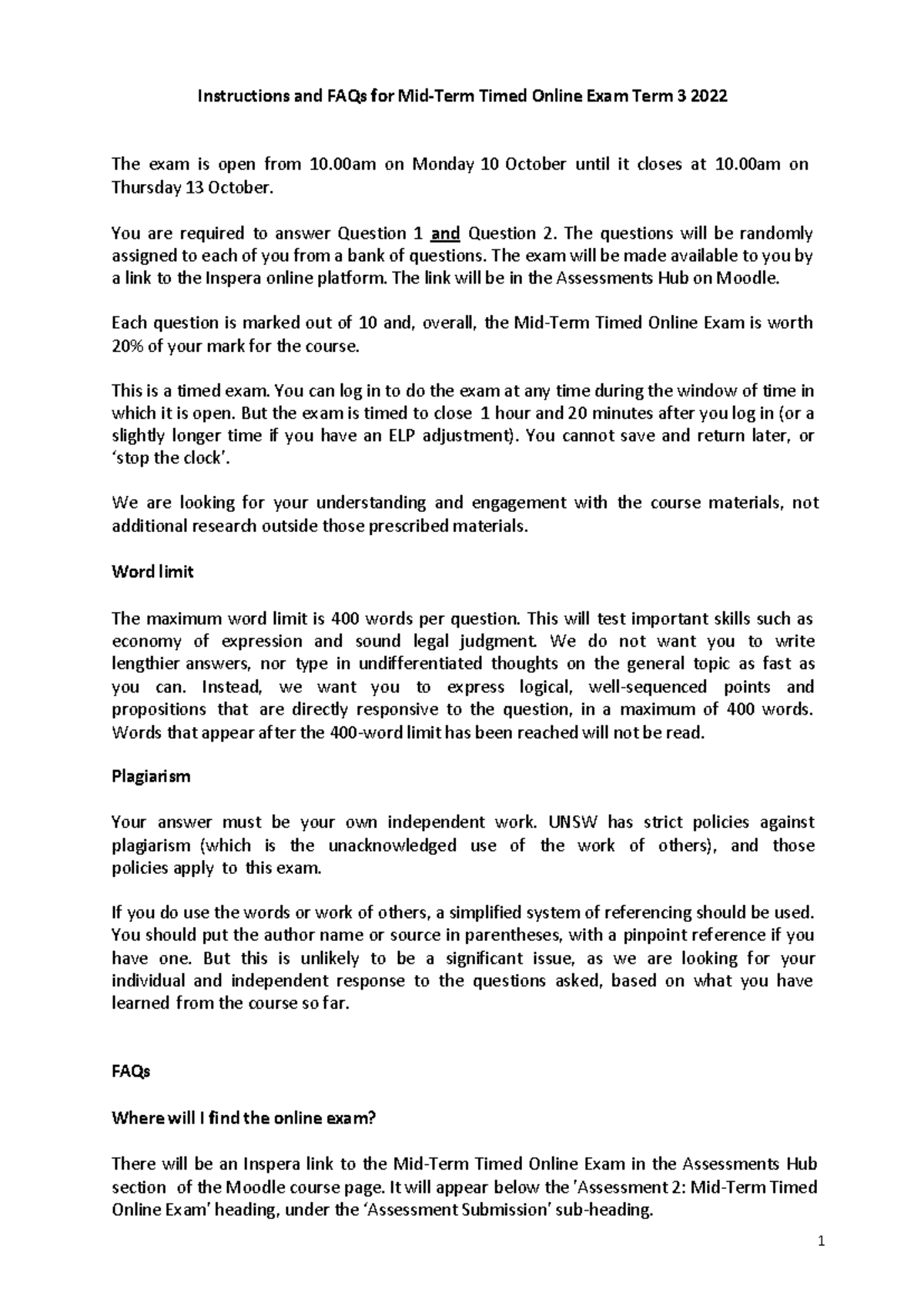 Mid Term Timed Online Exam Instructions FAQs - 1 Instructions and FAQs ...