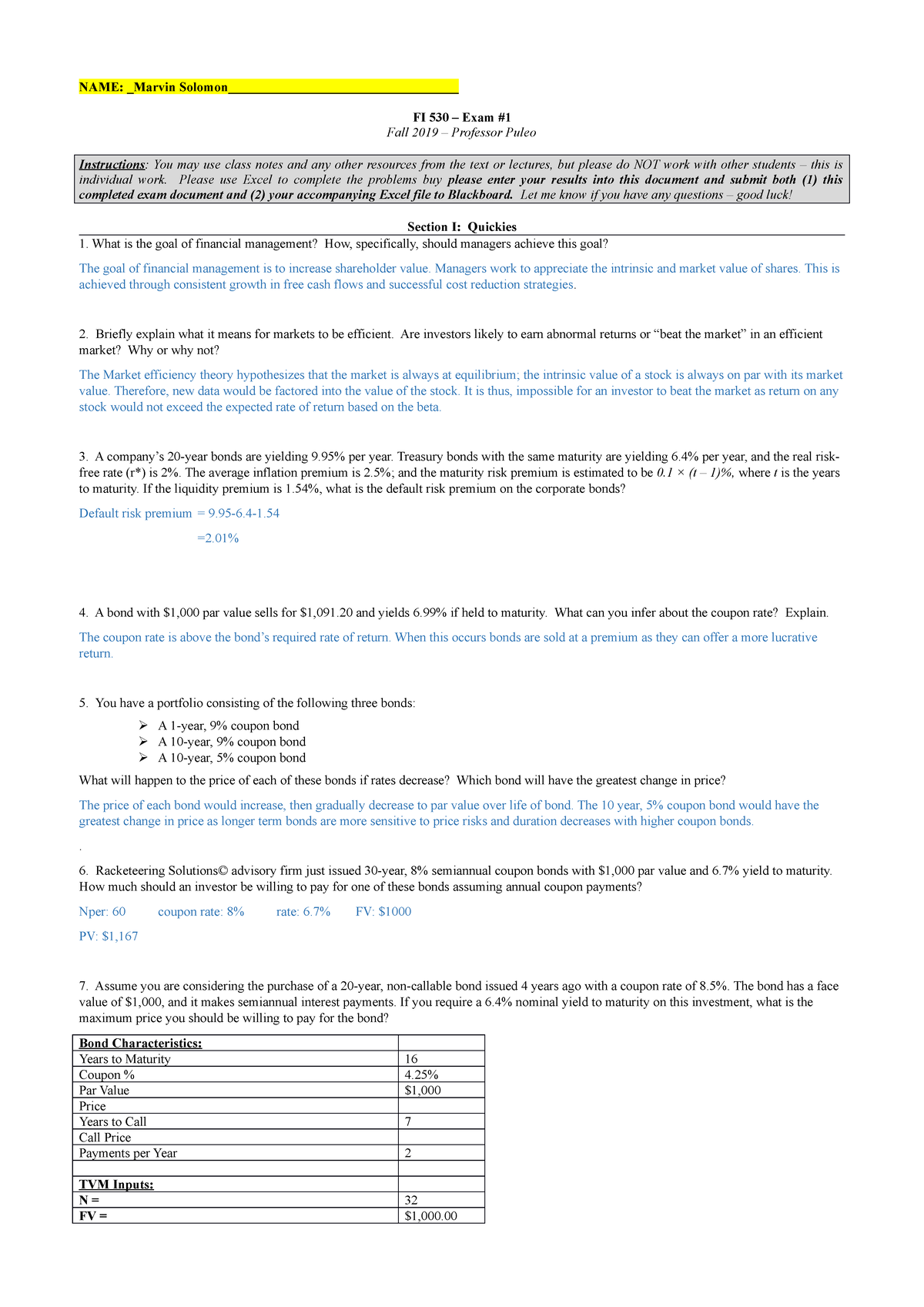 Midterm - test - NAME: _Marvin FI 530 Exam Fall 2019 Professor Puleo ...