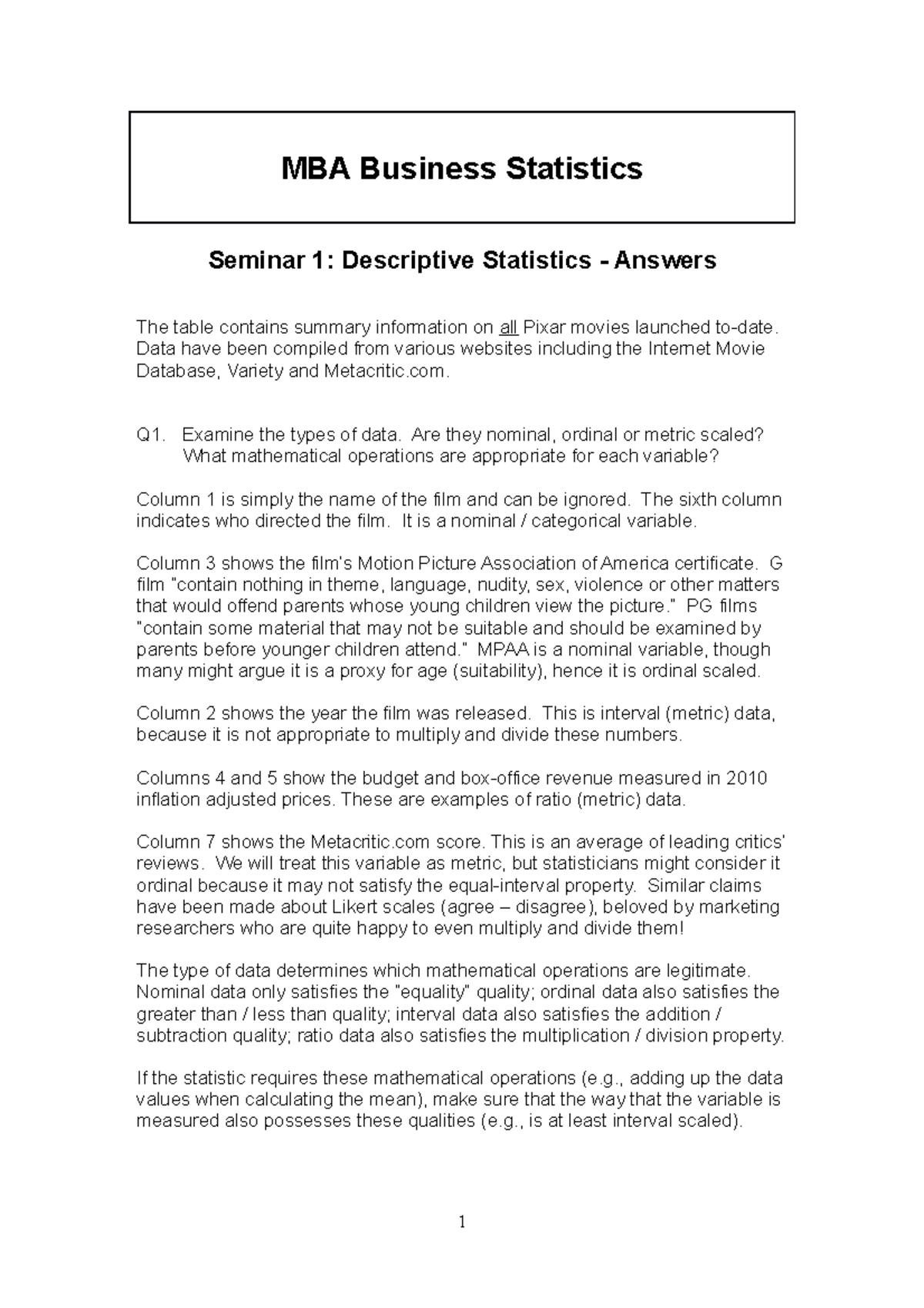 MBA Bus Stats Tutorial 1 - MBA Business Statistics Seminar 1 ...
