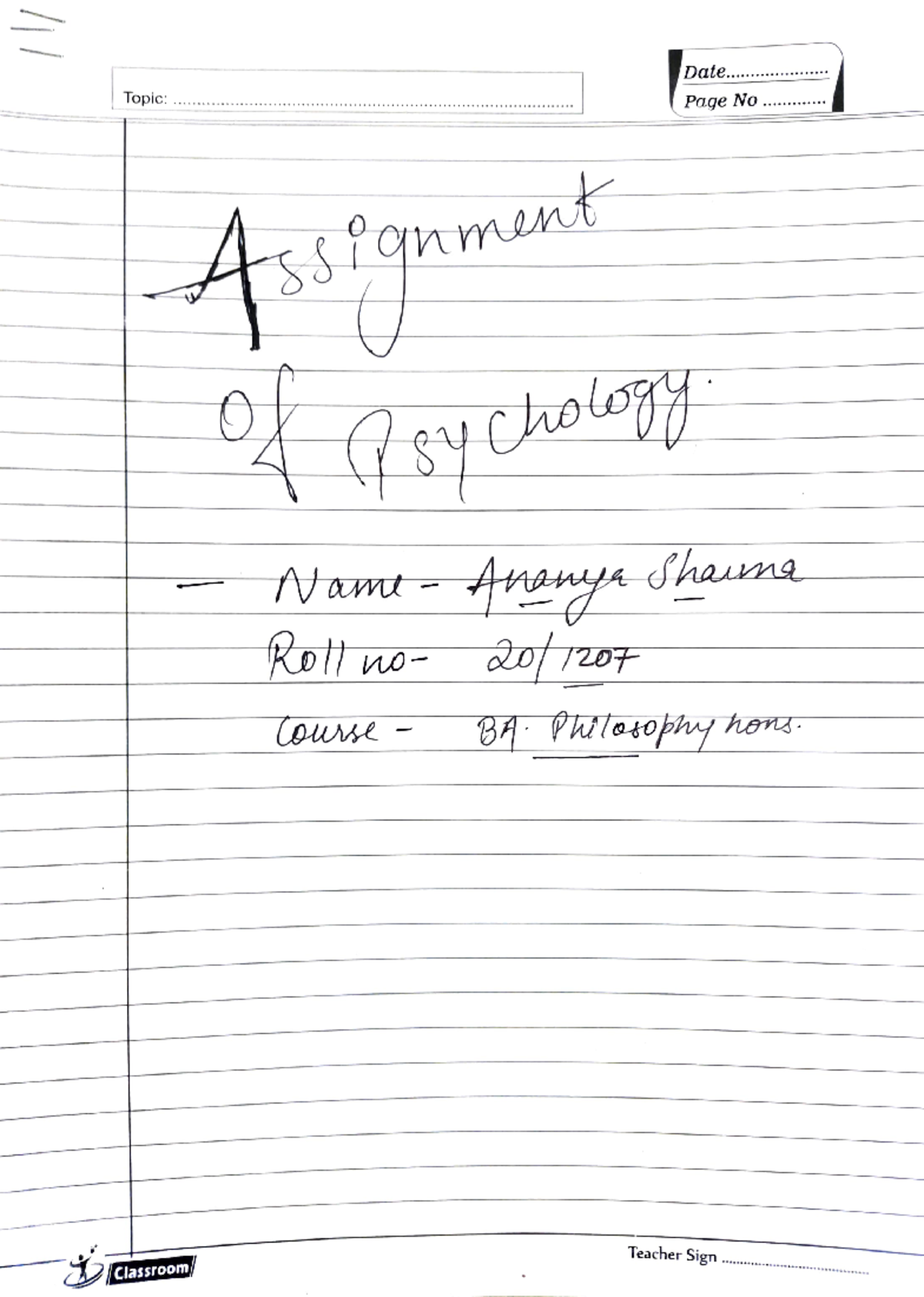 A psychology - Notes - Date.. Topic: *************** * Page No ...
