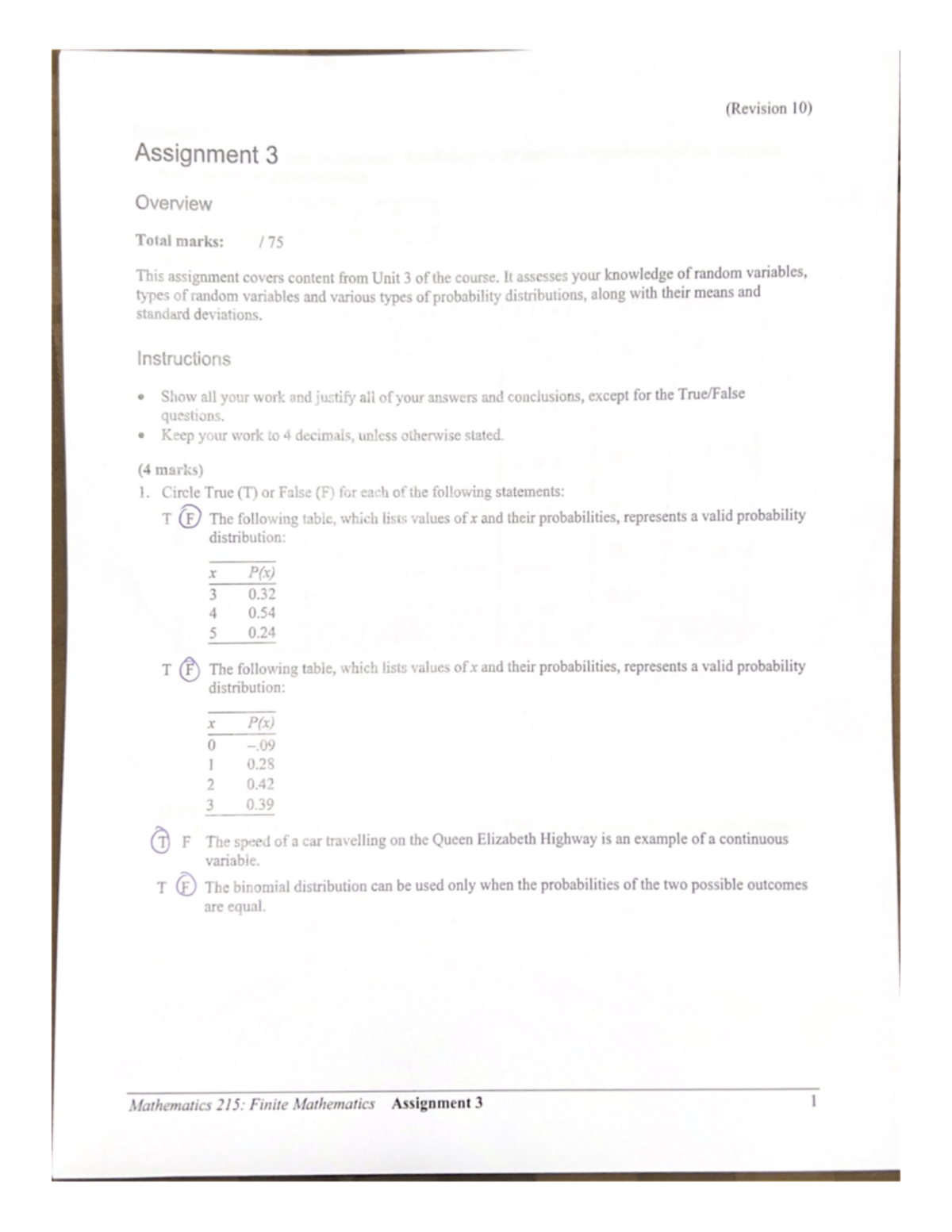 Math 215 - Assignment 3- probability distribution - Math 215 - Studocu