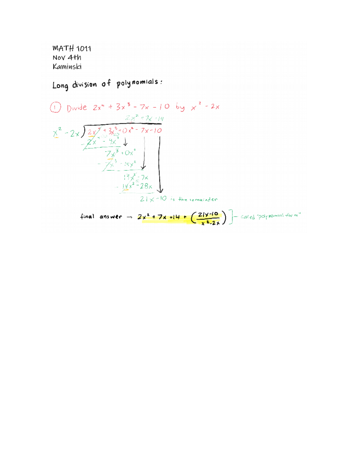 MATH 1011 Nov 4 Kaminski - MATH 1011 - Studocu