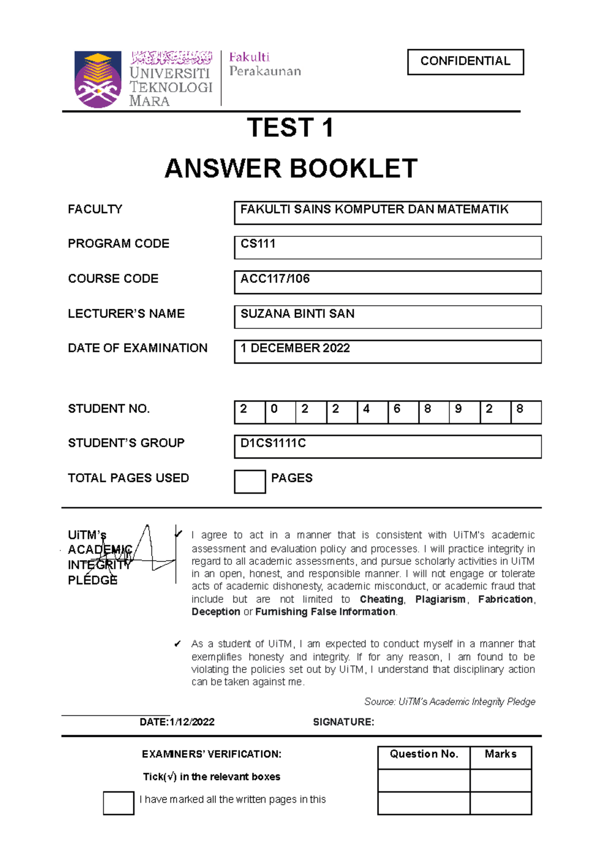 TEST Answer Scripts Front PAGE - TEST 1 ANSWER BOOKLET FACULTY FAKULTI ...
