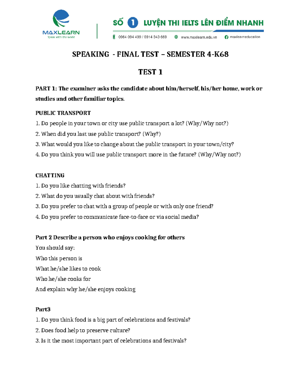 Speaking TEST- Final test-HP4 - SPEAKING - FINAL TEST – SEMESTER 4-K ...